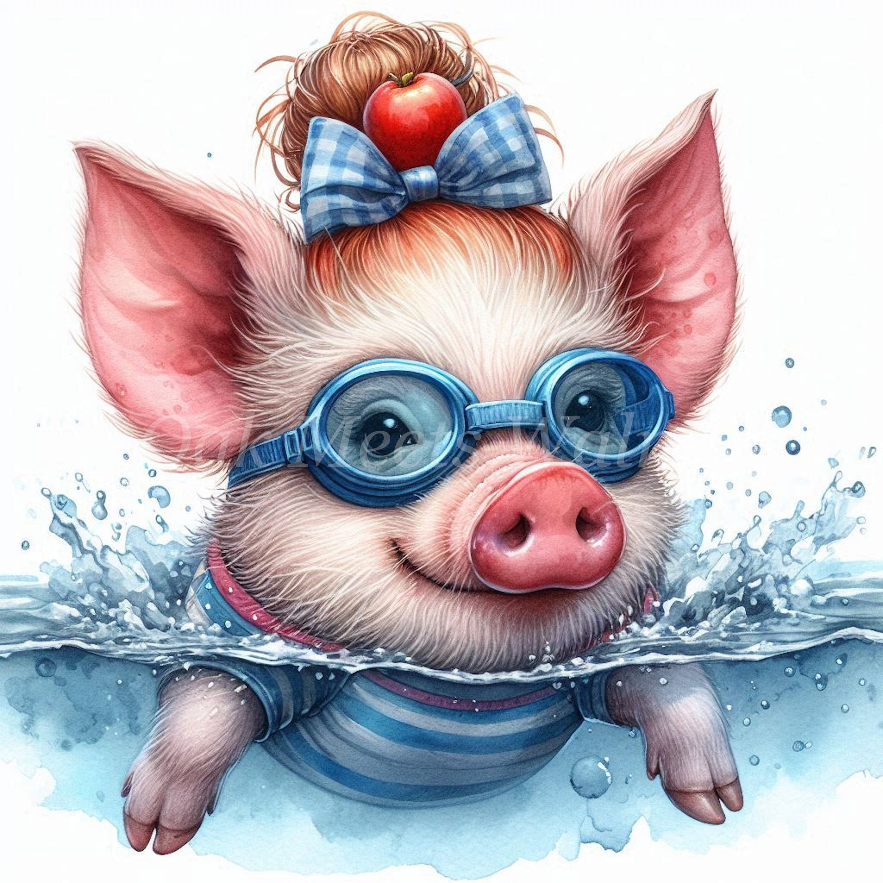 Pig Swimming in a Messy Bun Clipart Bundle- 10 High Quality Watercolor ...