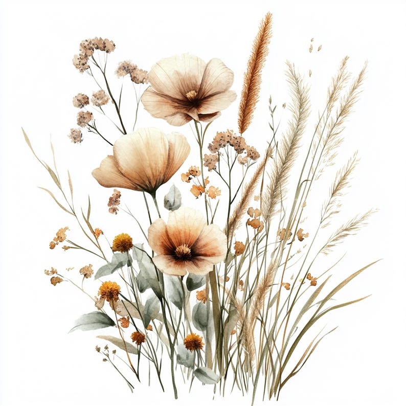 Boho Flowers Bouquet Clipart Bundle- 10 High Quality Watercolor Jpgs ...