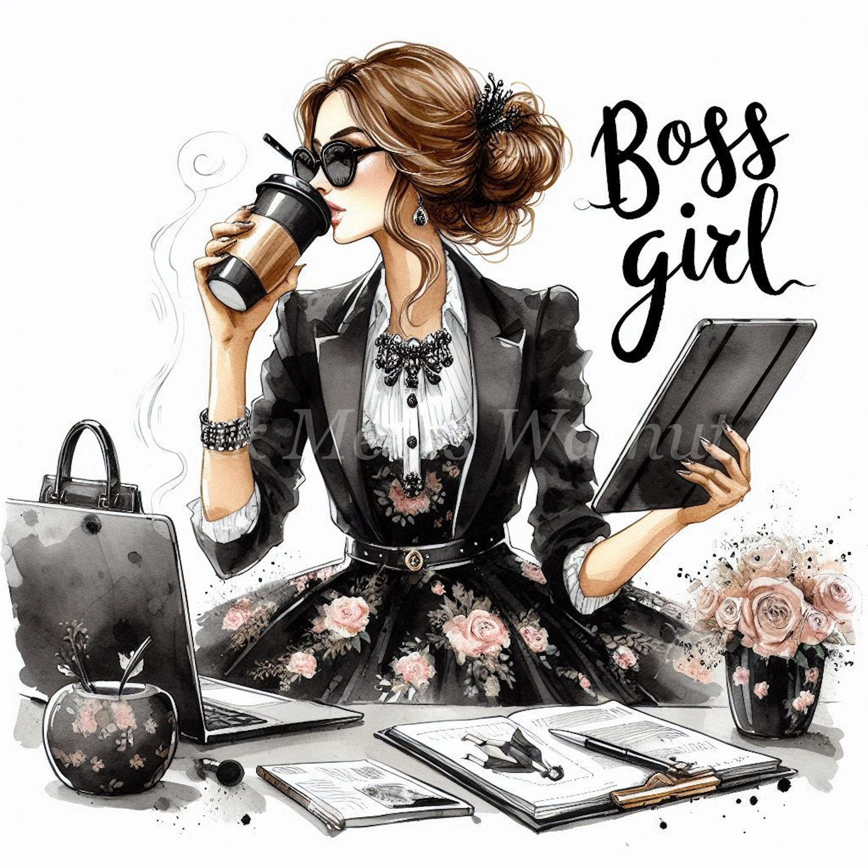 Boss Girl- 10 High Quality Watercolor Jpgs, Fashion Girl, Digital ...