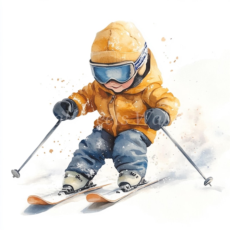 Watercolor Kid Skiing Clipart Bundle: Winter Scrapbooking (digital ...