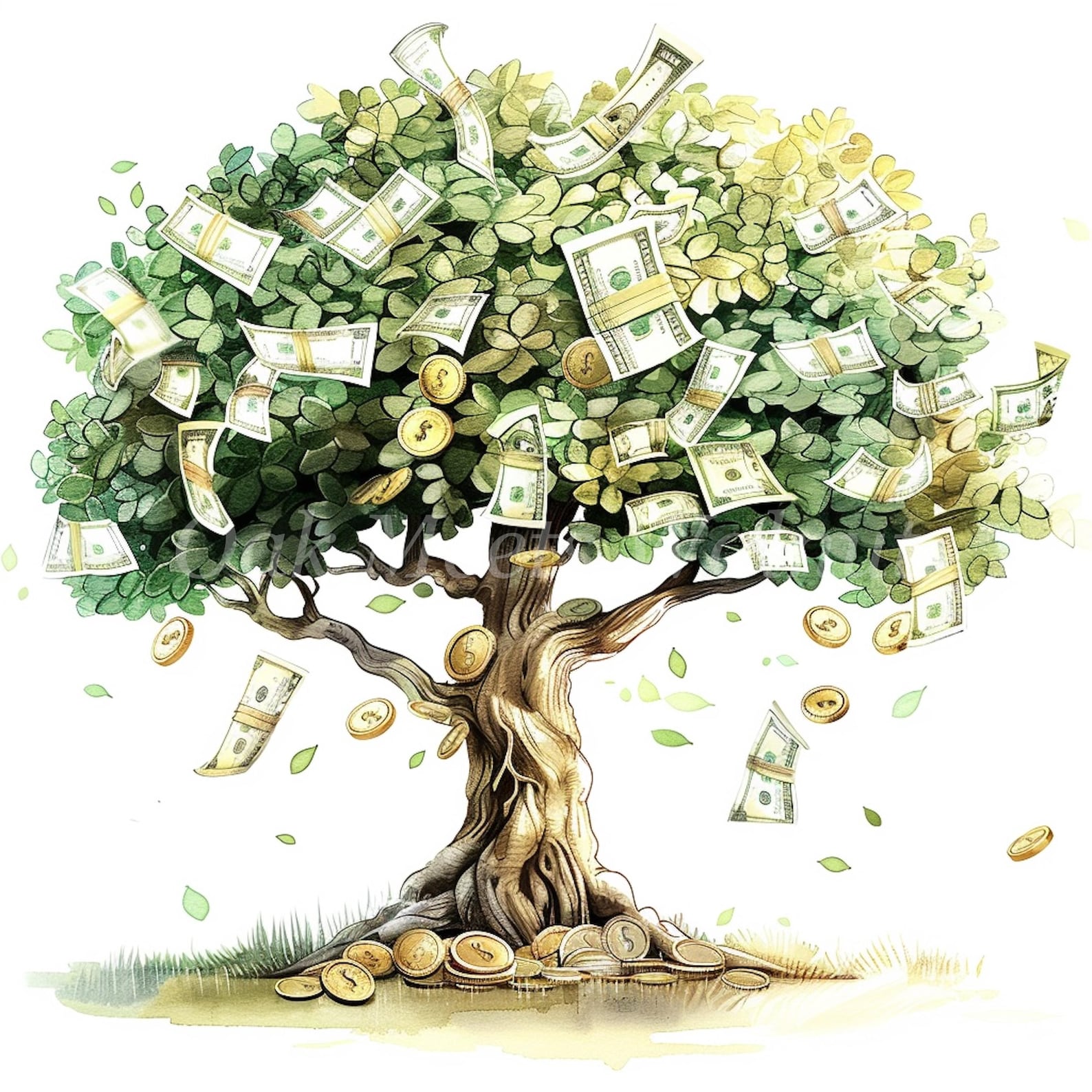 Watercolor Money Tree Clipart Bundle: High-resolution Jpgs (digital ...