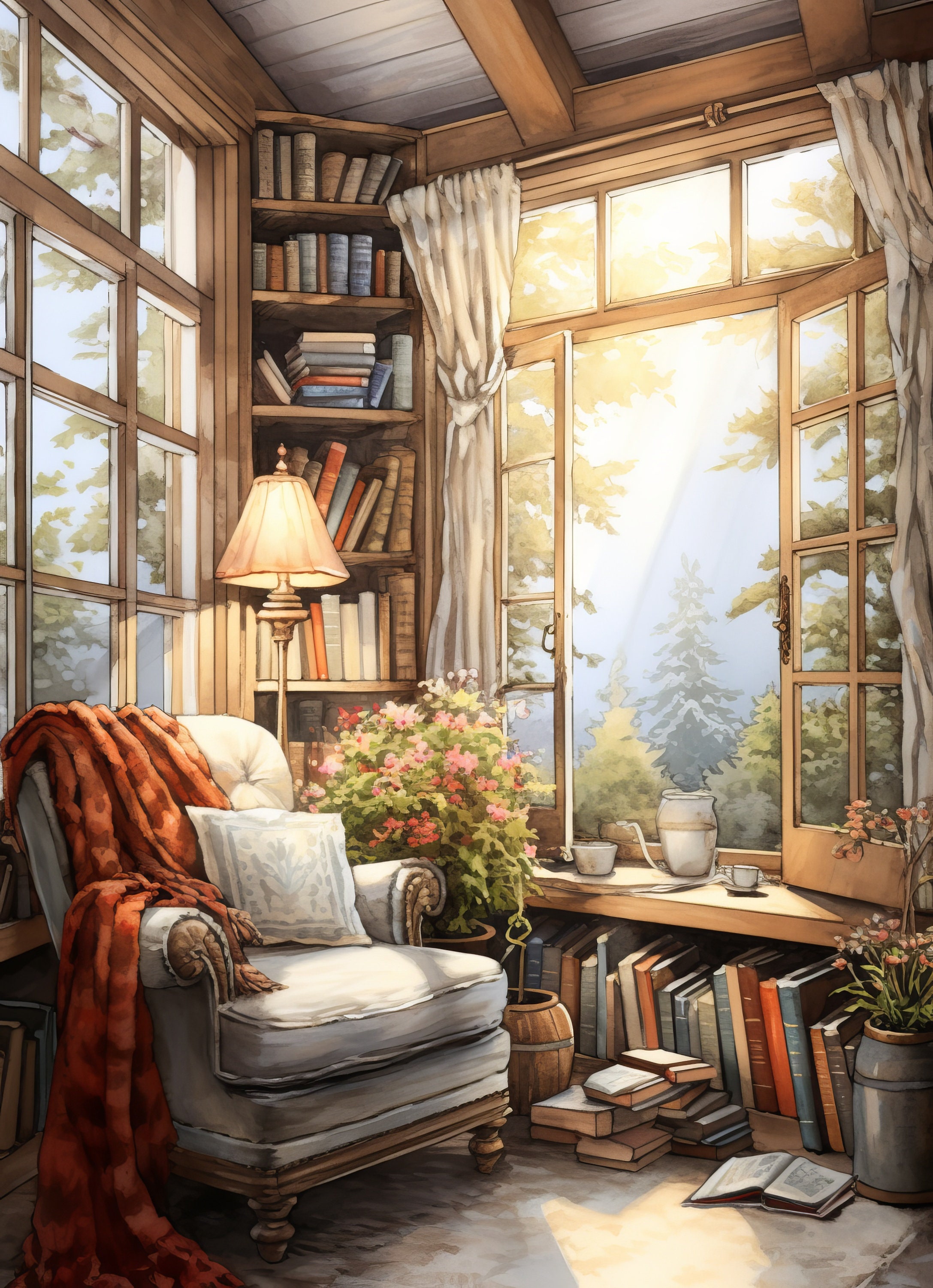 Bay Window Reading Nook Clipart Bundle 10 High Res Watercolor Jpgs for ...