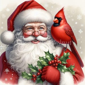 Vintage Santa With Cardinal Clipart Bundle- 10 High Quality Watercolor ...
