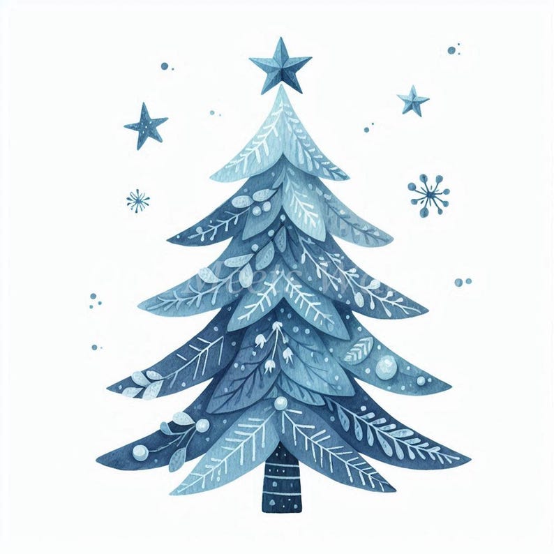 Blue Christmas Tree Clipart Bundle: Whimsical Watercolor Jpgs (digital ...