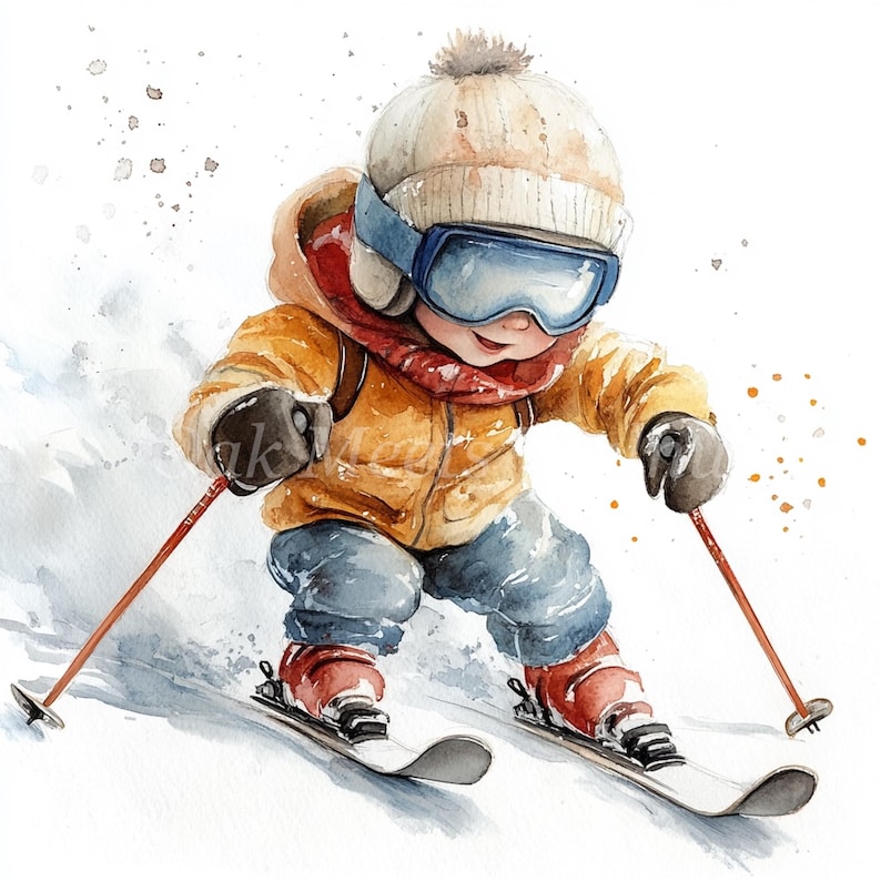 Watercolor Kid Skiing Clipart Bundle: Winter Scrapbooking (digital ...