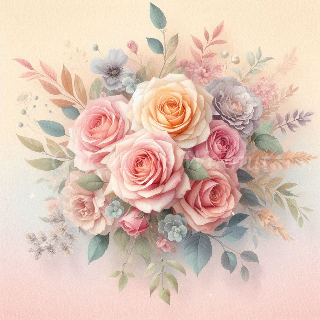 Pastel Roses Clipart Bundle- 10 High Quality Watercolor Jpgs, Printable ...