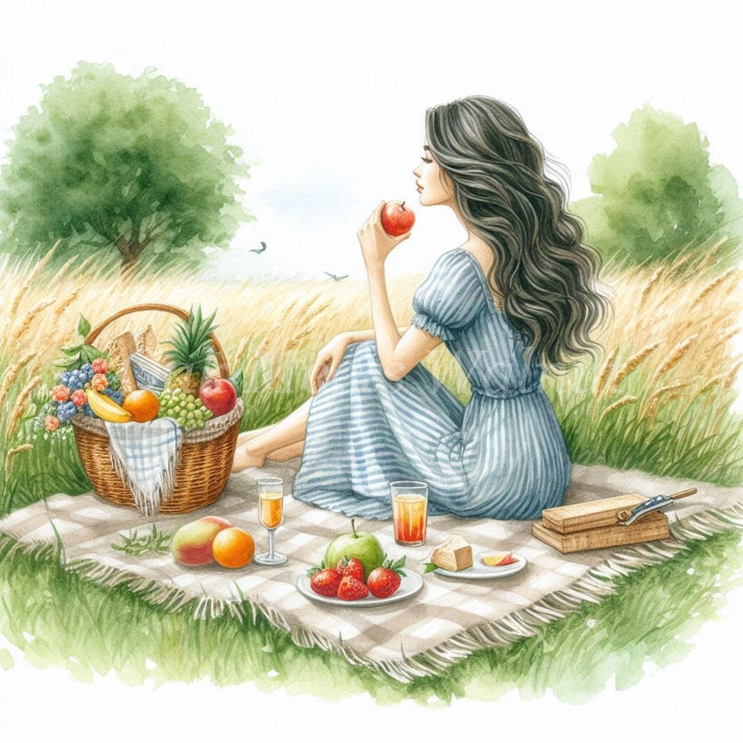 Watercolor Picnic Clipart Bundle: Woman Enjoying Summer (digital ...