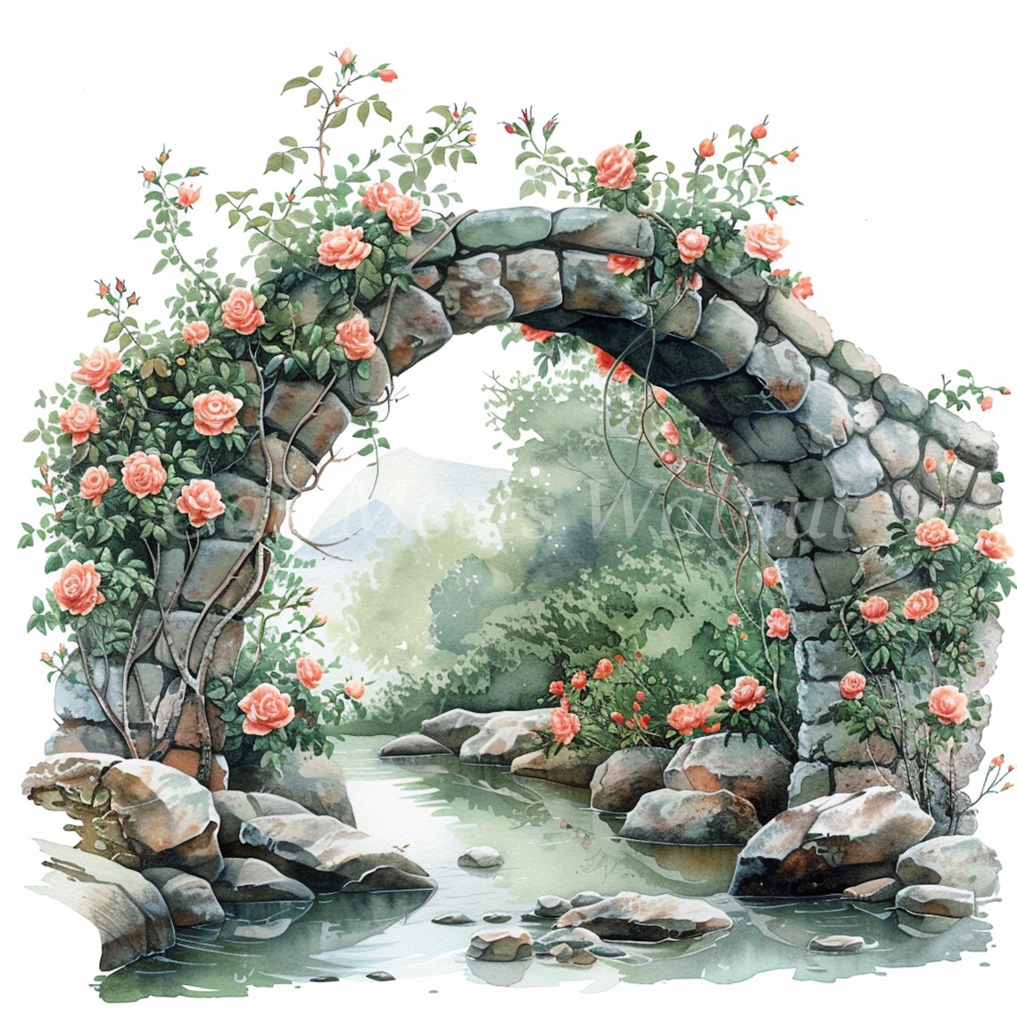 Watercolor Stone Bridge With Roses Clipart: Scrapbook Art (digital ...