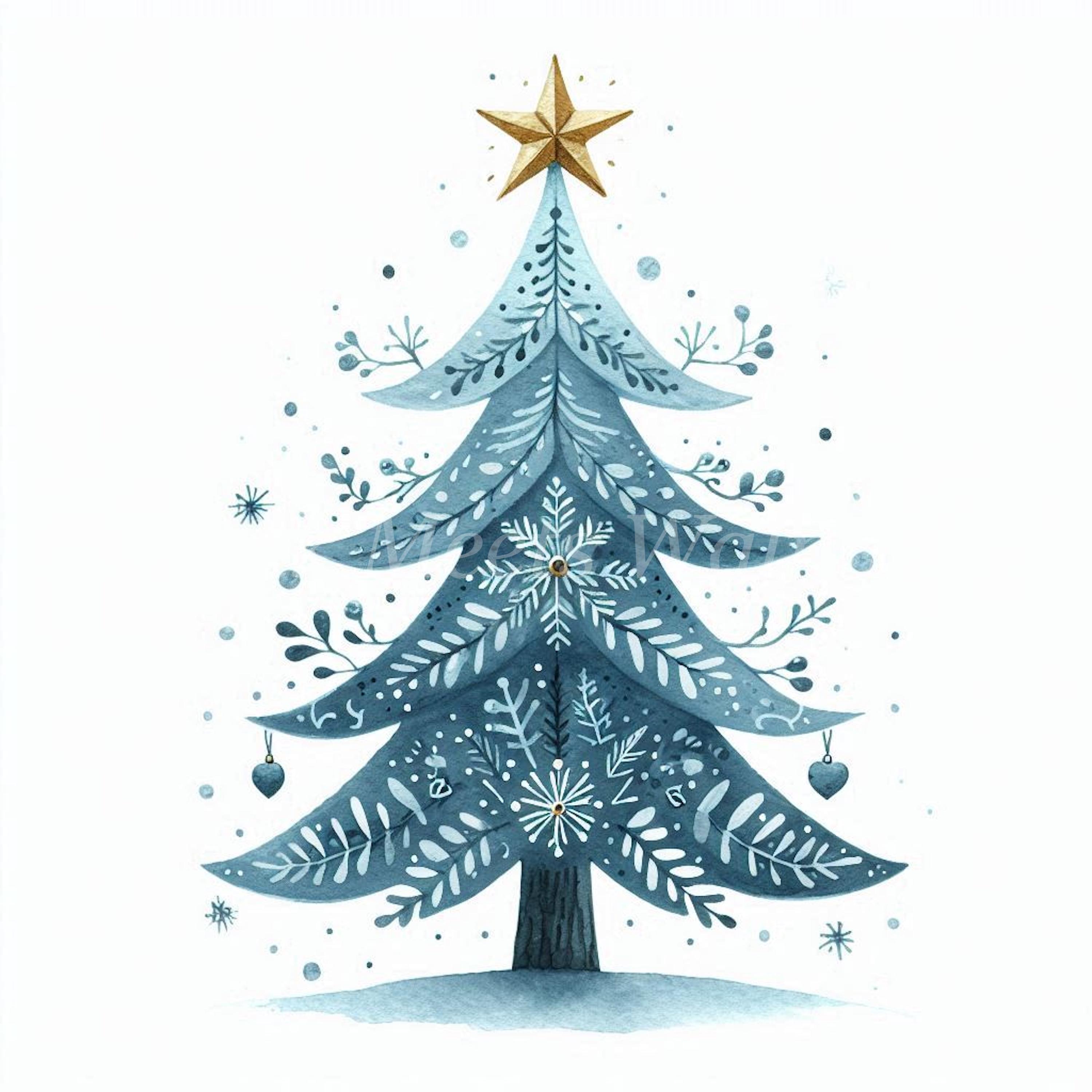 Blue Christmas Tree Clipart Bundle: Whimsical Watercolor Jpgs (digital ...