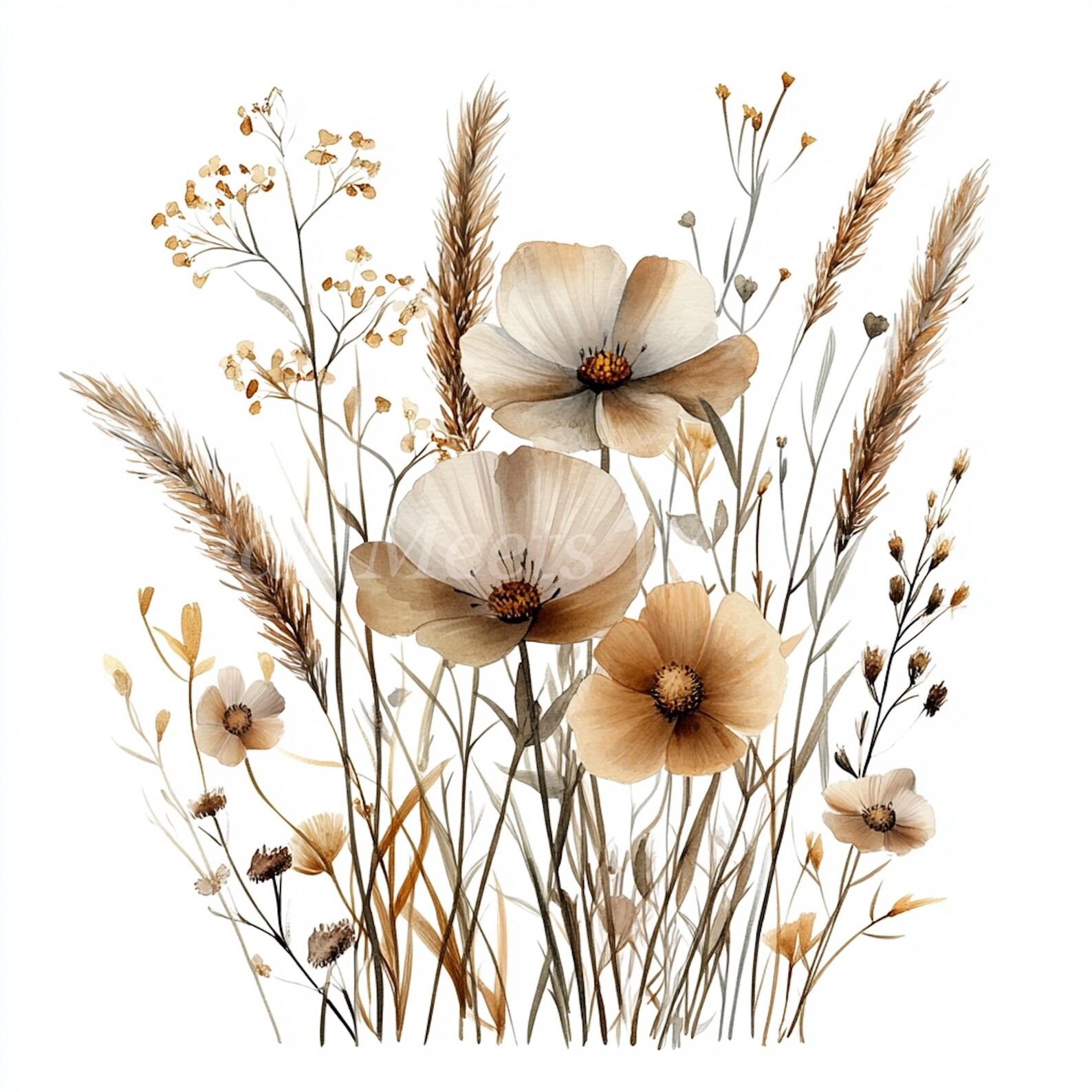 Boho Flowers Bouquet Clipart: Watercolor Floral Bundle (digital ...
