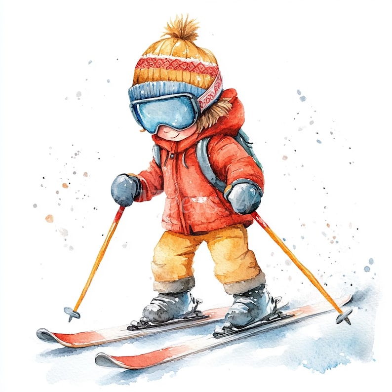 Watercolor Kid Skiing Clipart Bundle: Winter Scrapbooking (digital ...
