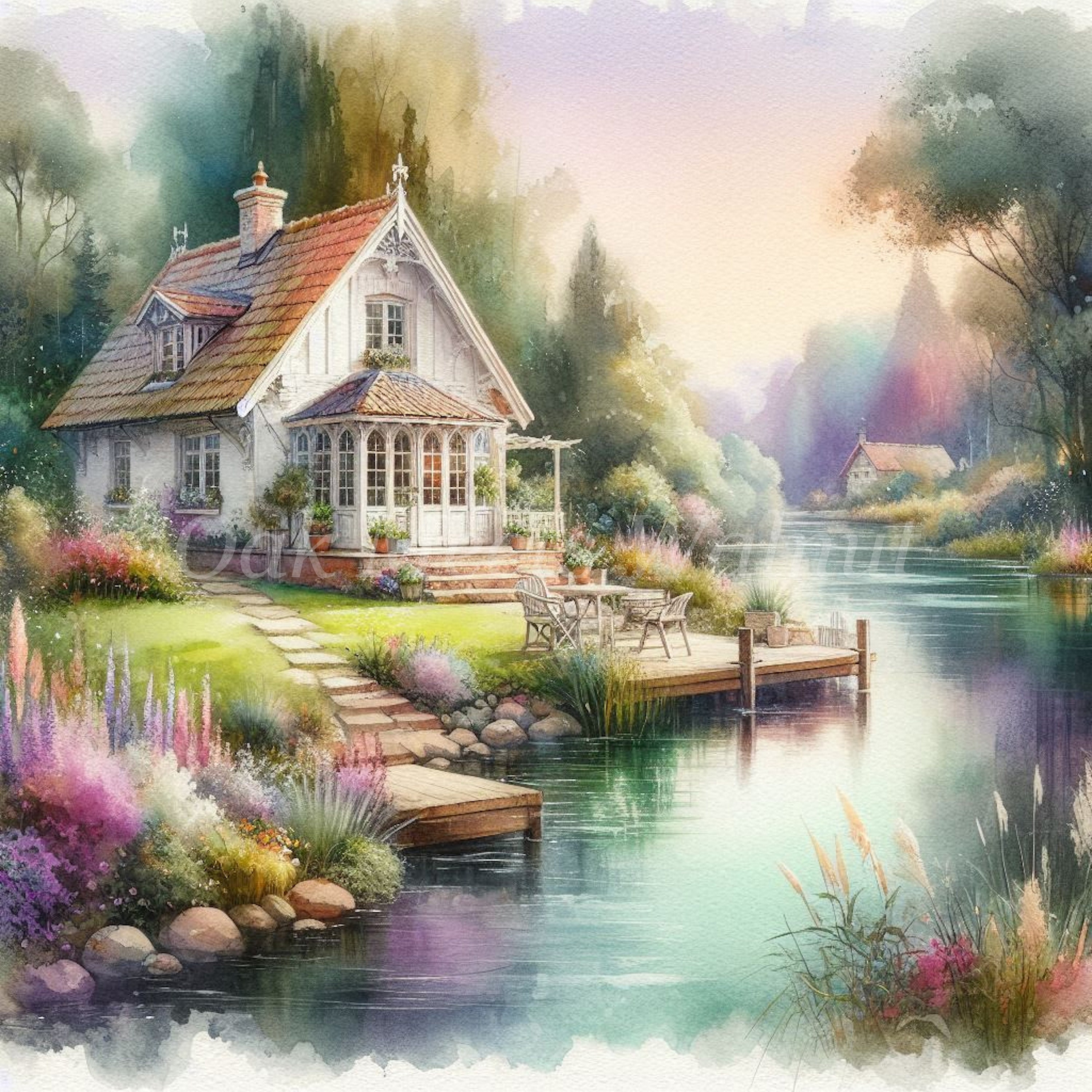 Watercolor Cottage Clipart: Shabby Chic River Scene (digital Download ...