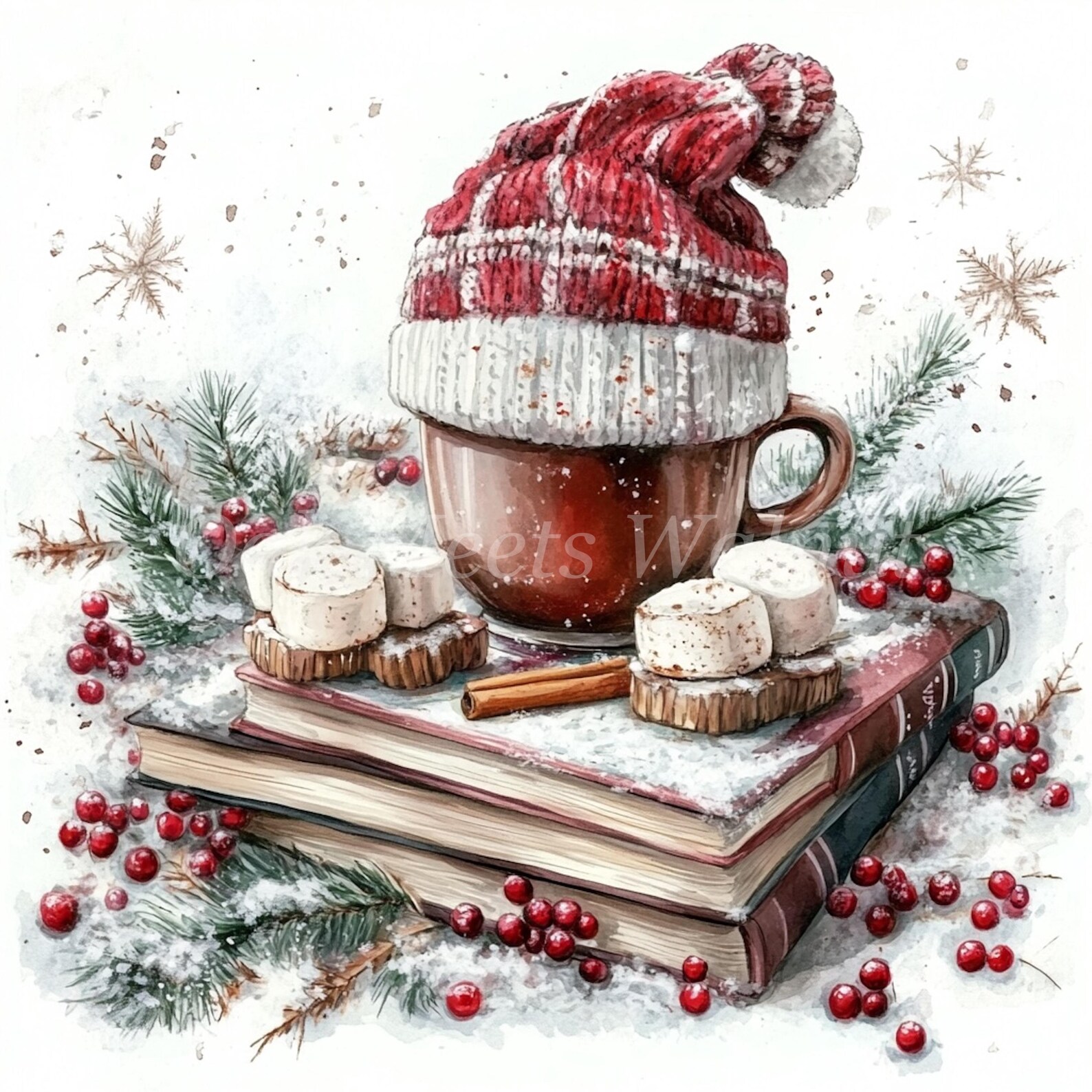 Christmas Cocoa Watercolor Clipart: Holiday Hat & Books (digital ...