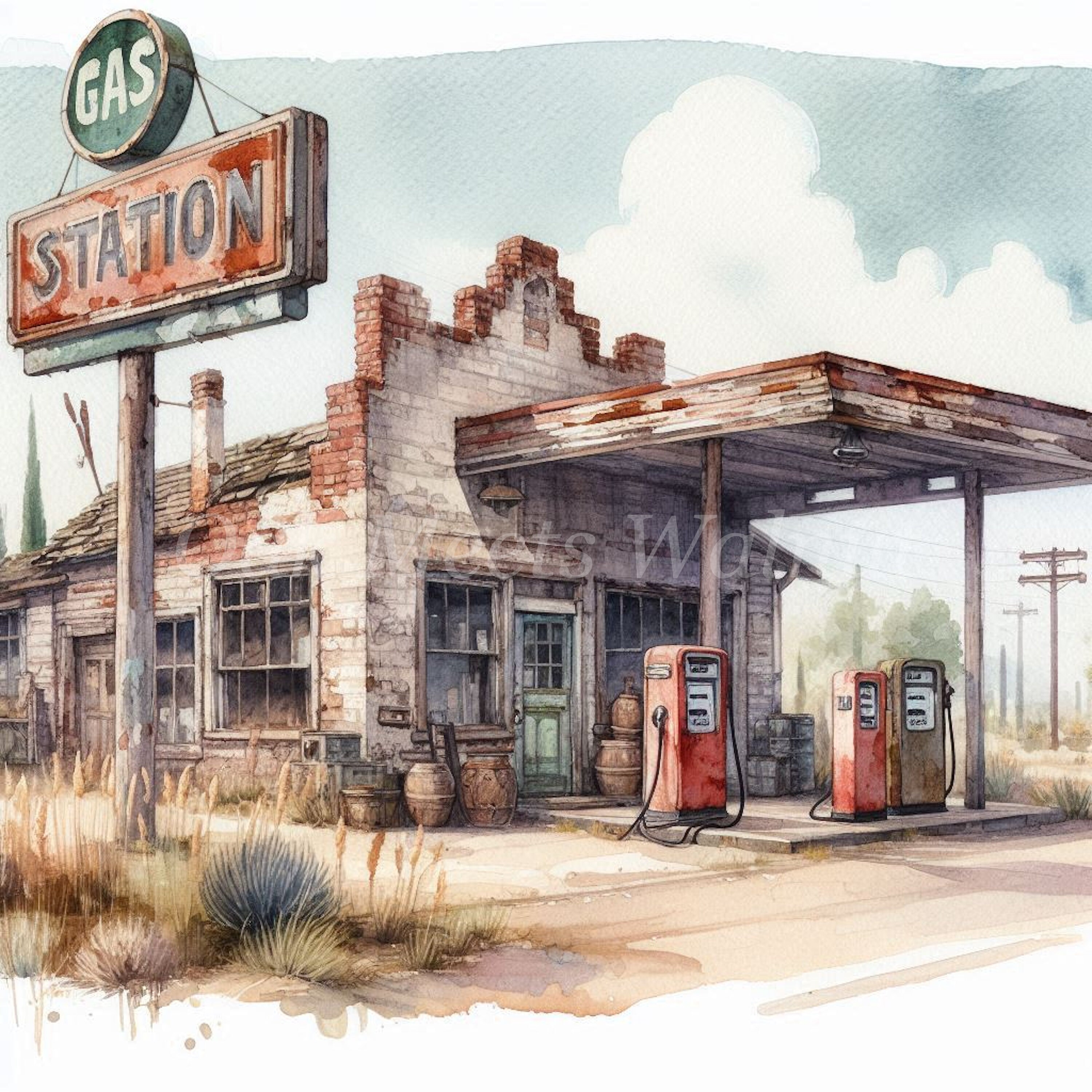 Retro Gas Station Watercolor Clipart: Vintage Printable Images (digital ...