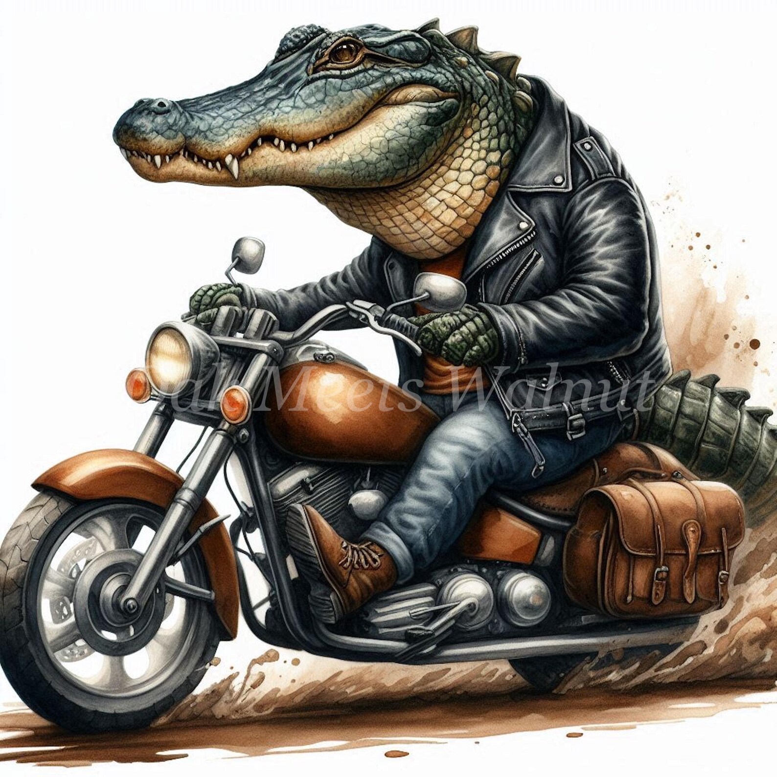 Alligator on Motorcycle Clipart: Watercolor Animal Biker Art (digital ...