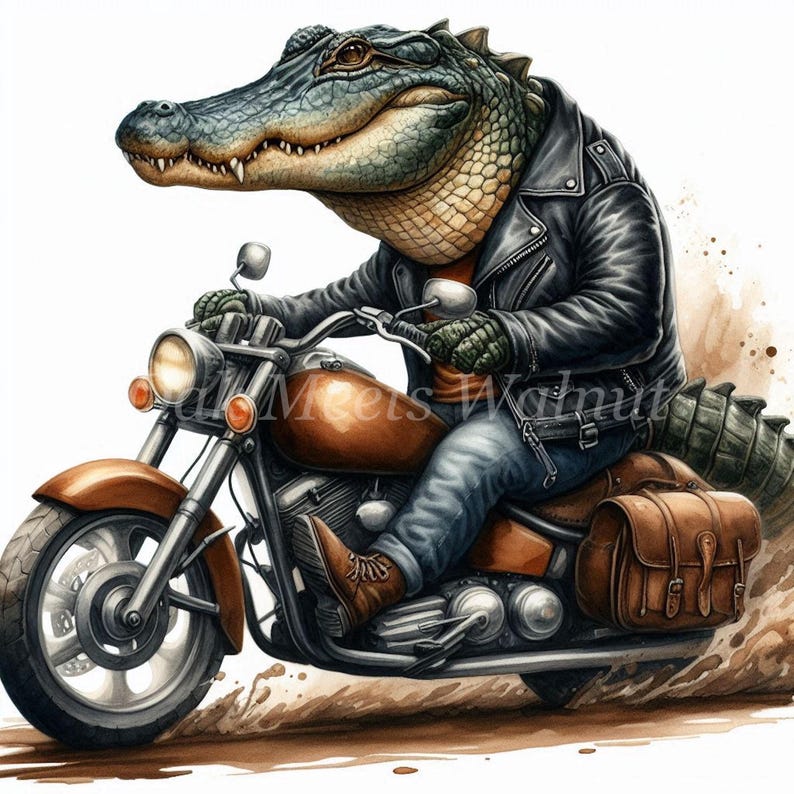 Alligator on Motorcycle Clipart: Watercolor Animal Biker Art (digital ...