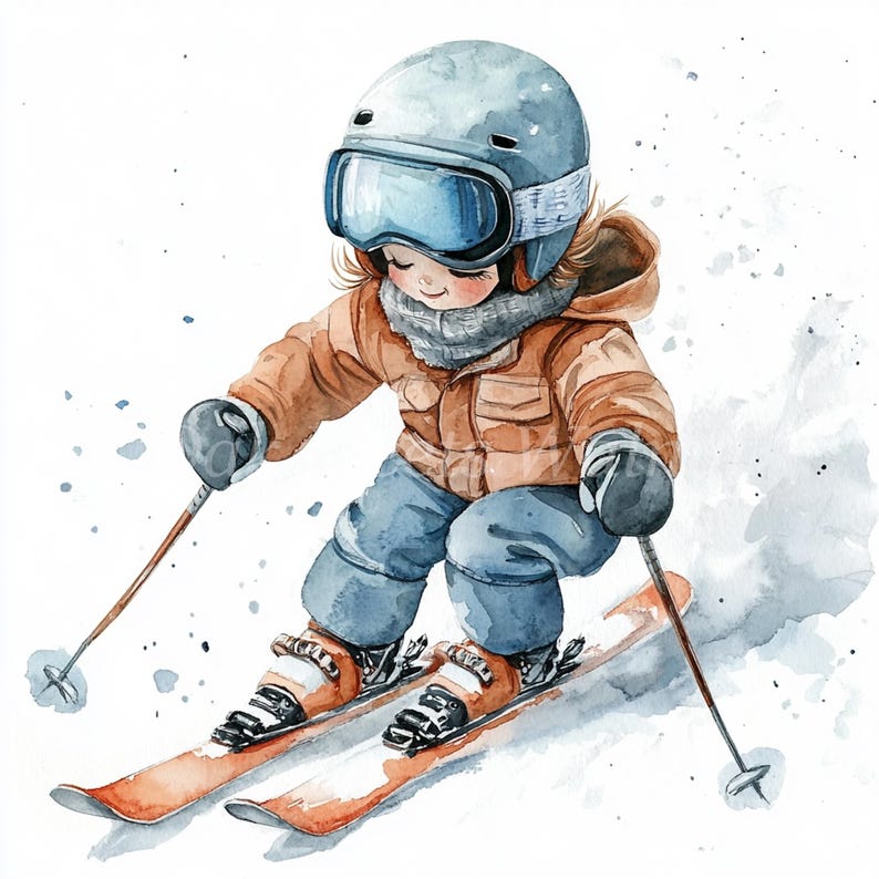 Watercolor Kid Skiing Clipart Bundle: Winter Scrapbooking (digital ...
