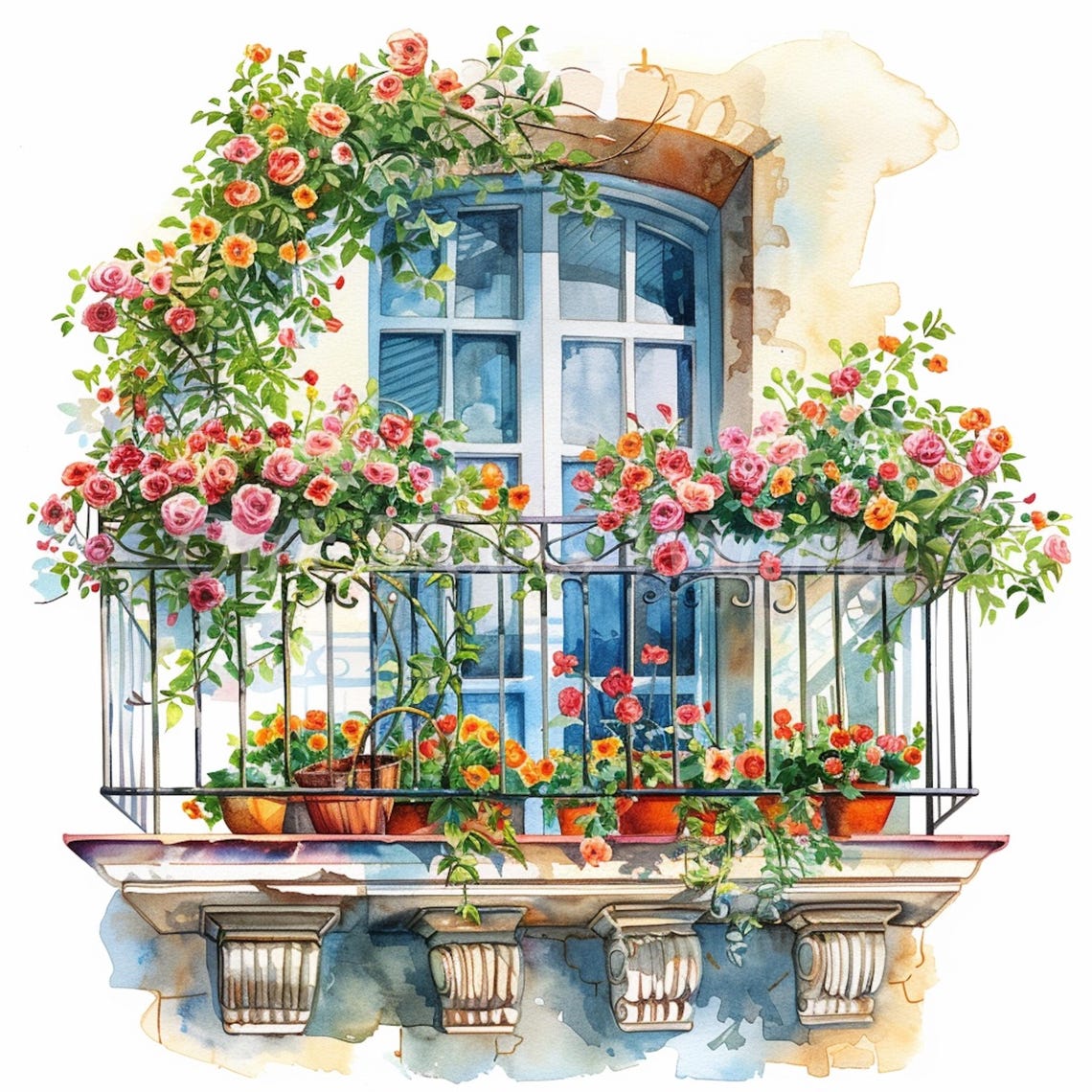 Watercolor Floral Balcony Clipart – Printable Art, Scrapbook (digital ...