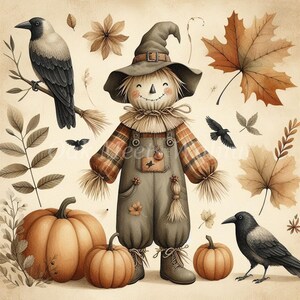 Whimsical Scarecrow in Pumpkin Patch Clipart Bundle- 10 High Quality ...