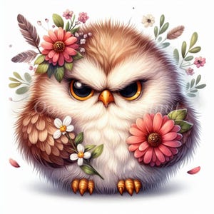 Grumpy Owl With Flowers Clipart Bundle- 10 High Quality Watercolor Jpgs ...