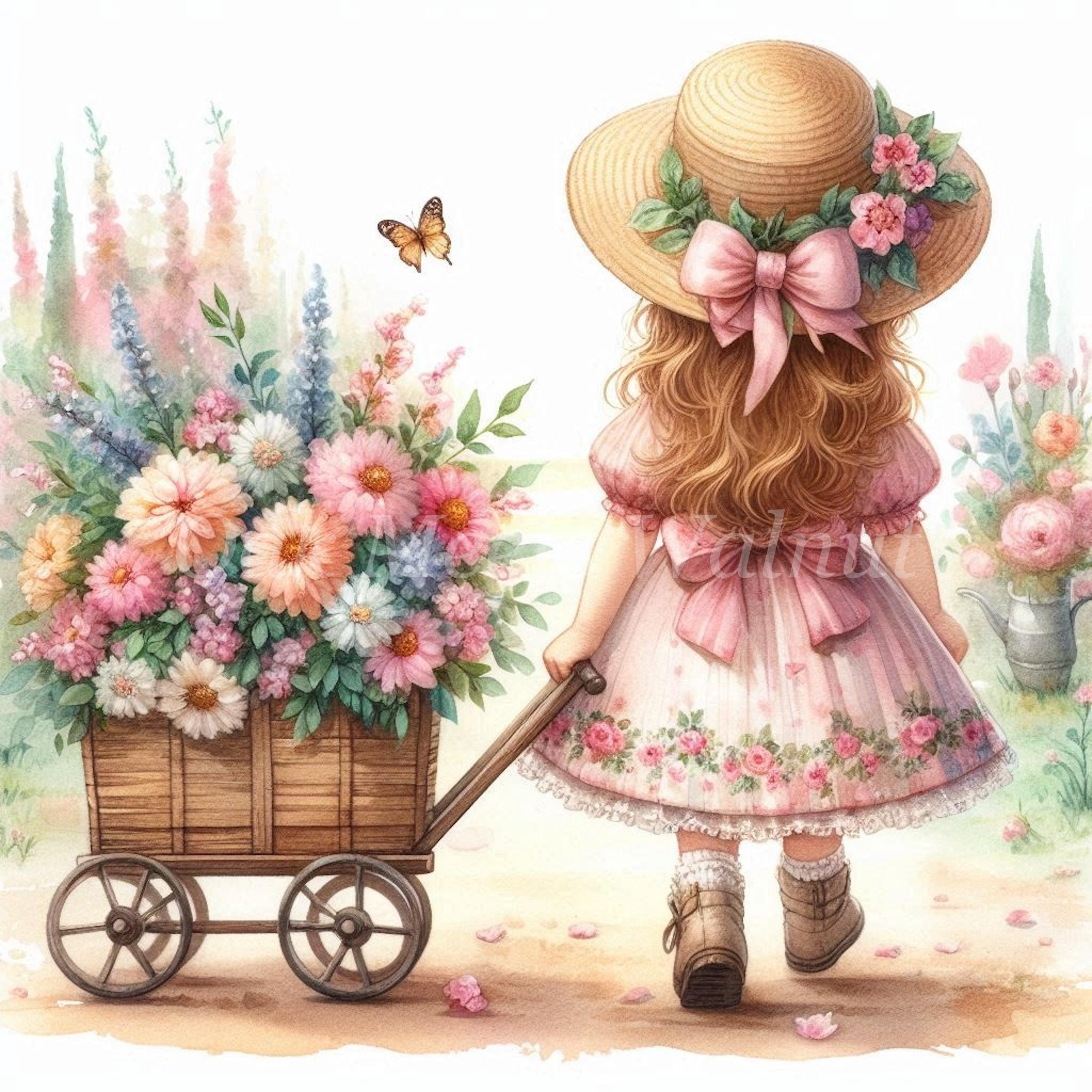Girl With Flower Cart Watercolor Clipart Bundle (digital Download) - Etsy