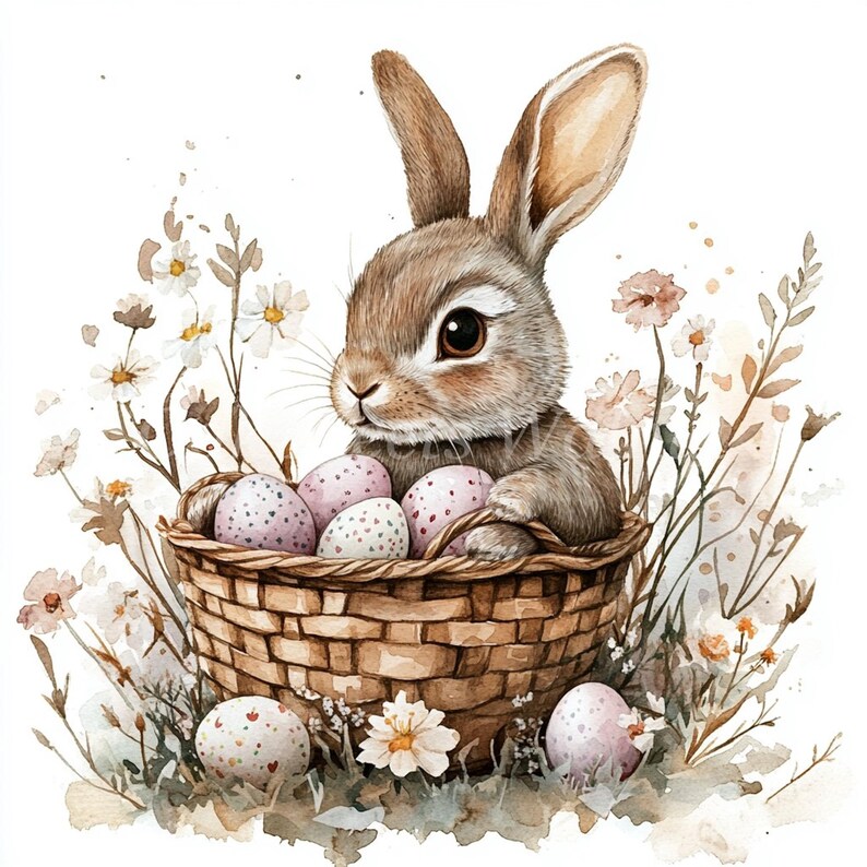 Watercolor Easter Bunny Clipart Bundle: Egg Basket (digital Download ...