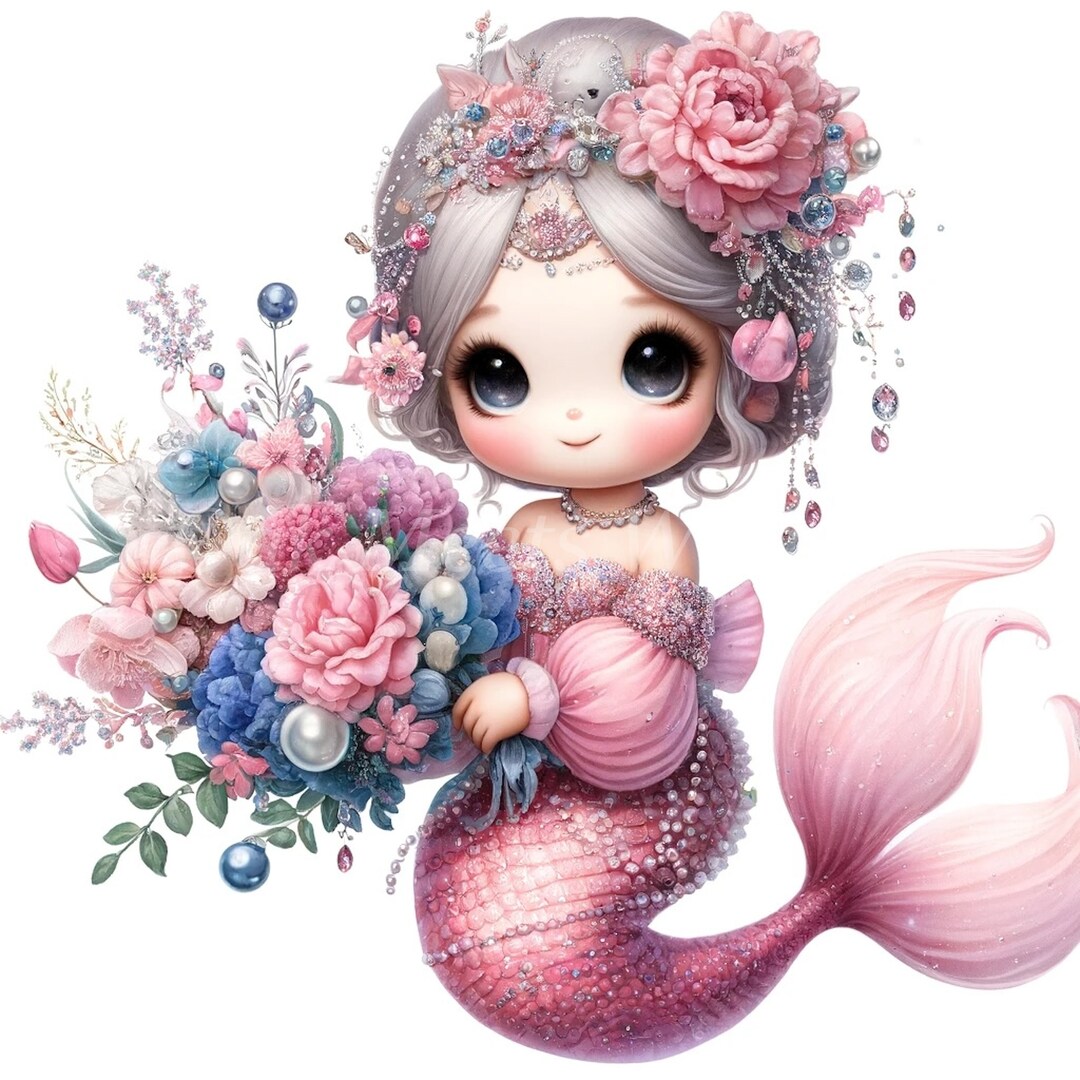 Cute Mermaid With Flowers Clipart Bundle- 10 High Quality Watercolor ...