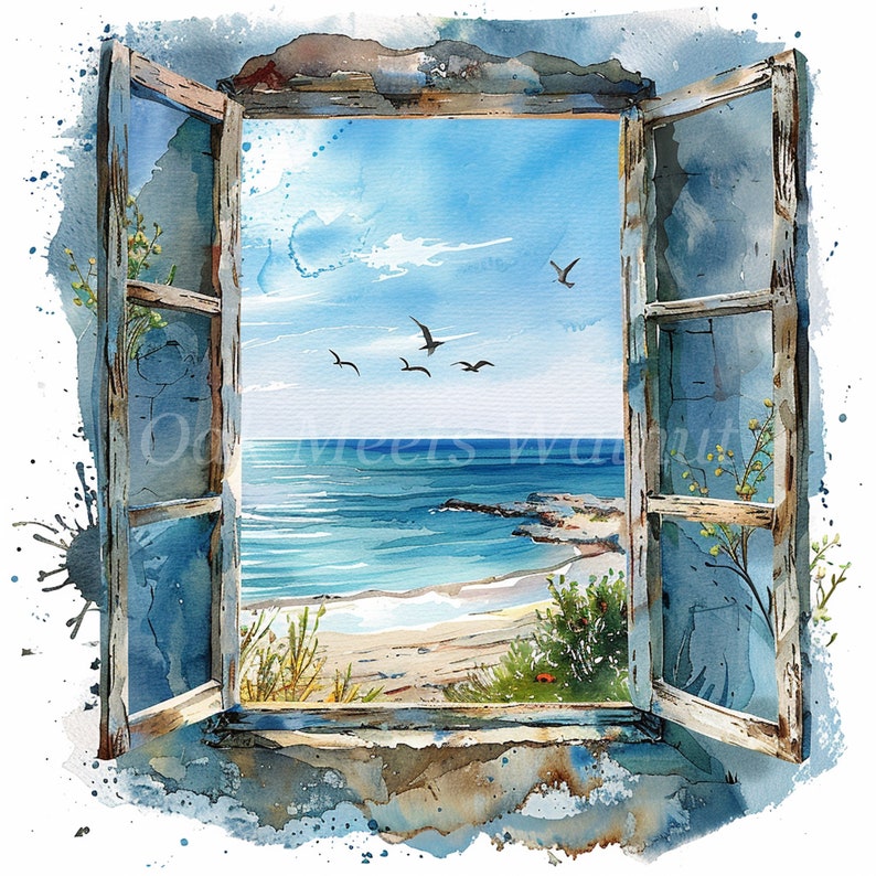 Watercolor Ocean View Clipart: Window Scene JPG Bundle (digital ...
