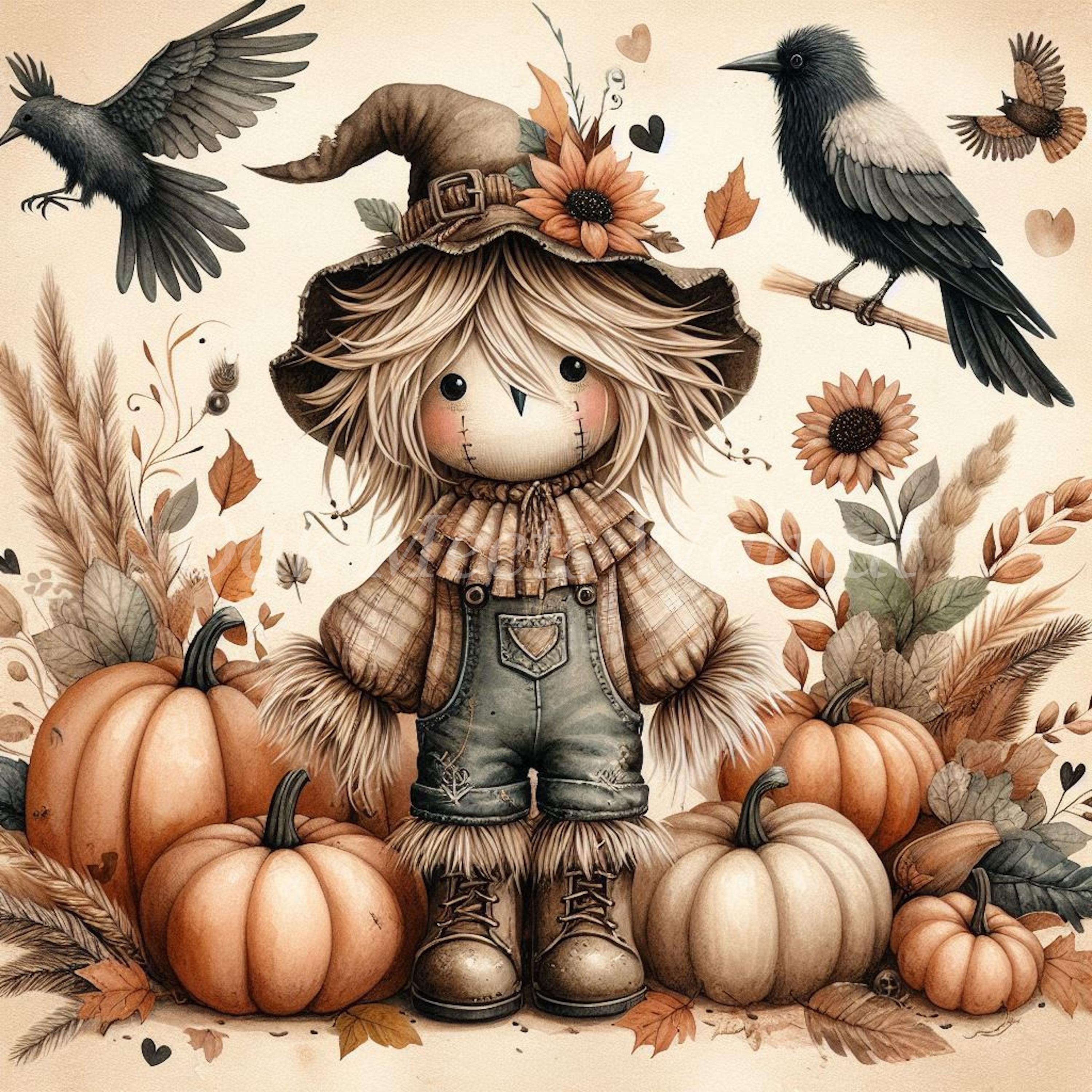 Scarecrow Pumpkin Patch Clipart: Watercolor Fall Graphics (JPG Digital ...
