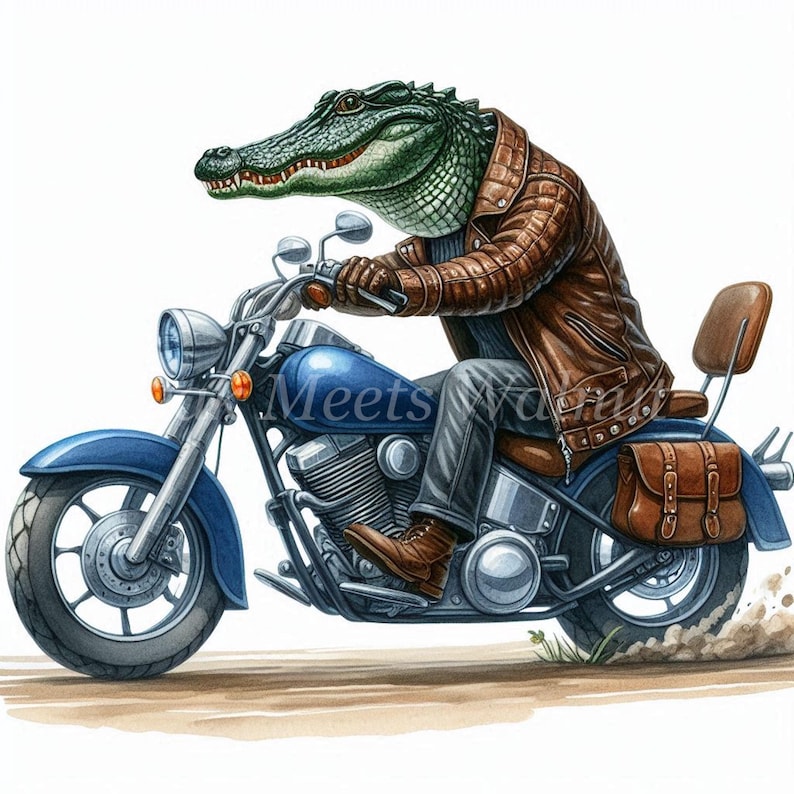 Alligator on Motorcycle Clipart: Watercolor Animal Biker Art (digital ...