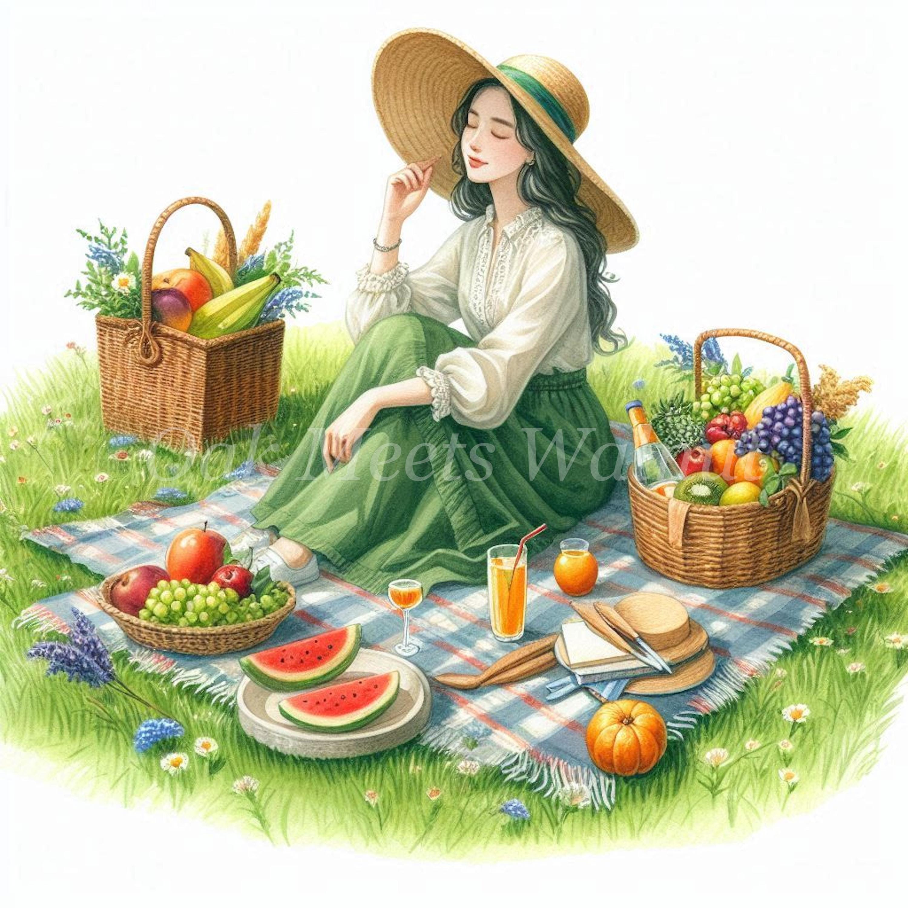Watercolor Picnic Clipart Bundle: Woman Enjoying Summer (digital ...