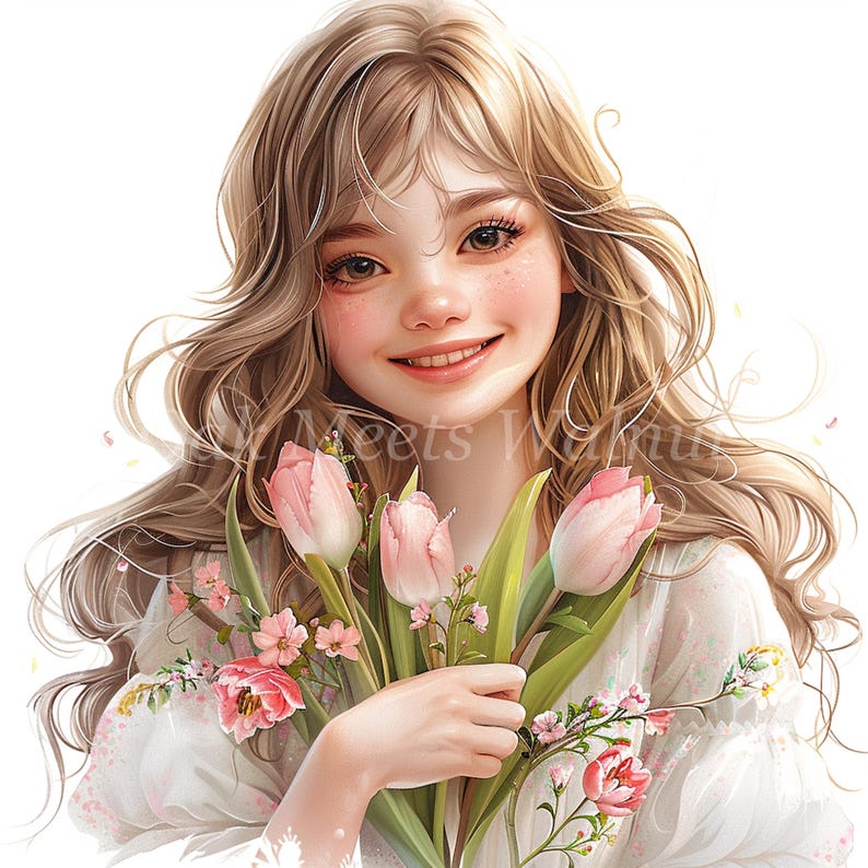 Watercolor Girl With Flowers Clipart: Floral JPG Bundle (digital ...