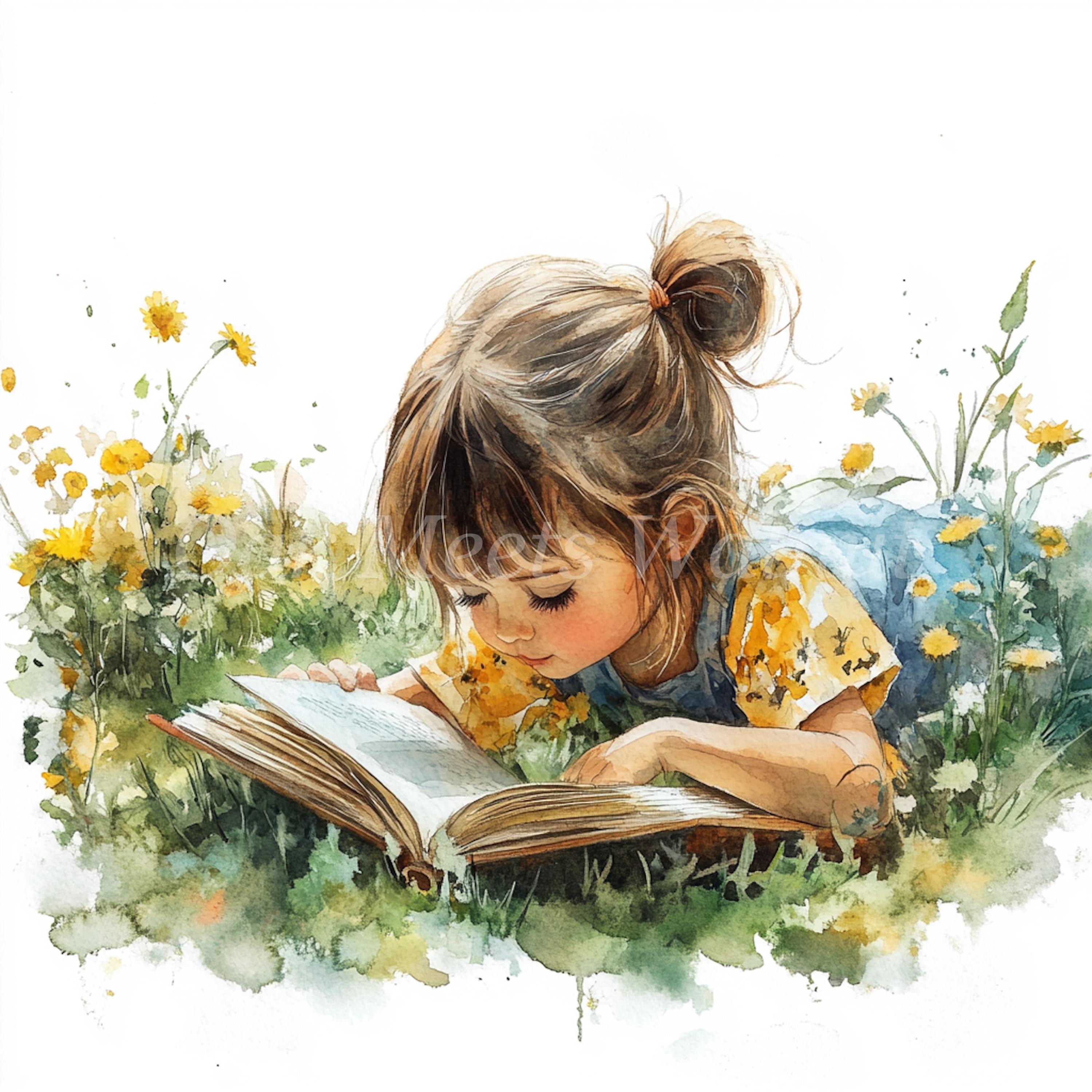 Watercolor Girl Reading in Flower Field: Printable Art (jpgs) - Etsy