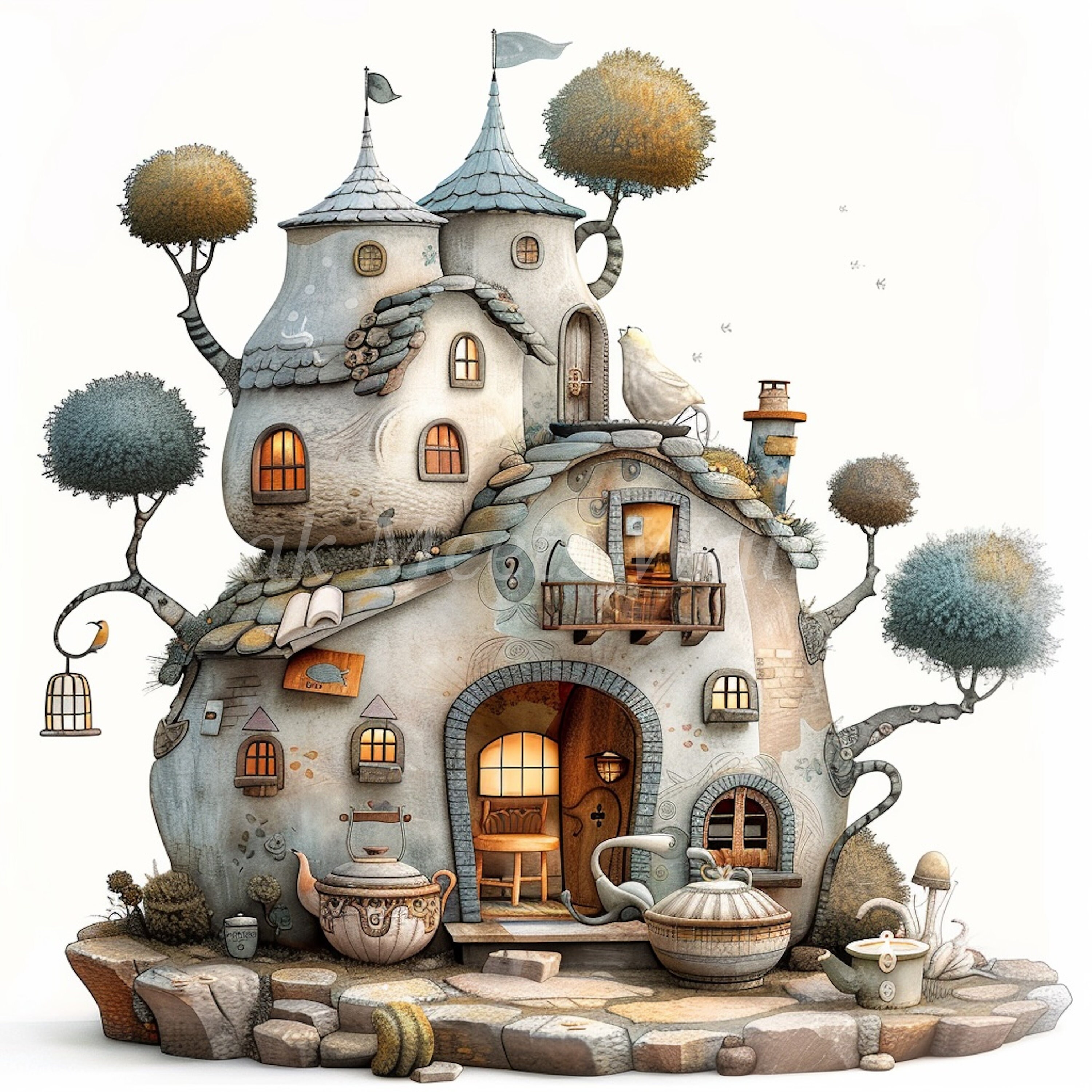 Whimsical Teapot House Clipart Bundle 10 High Quality Watercolor Jpgs ...