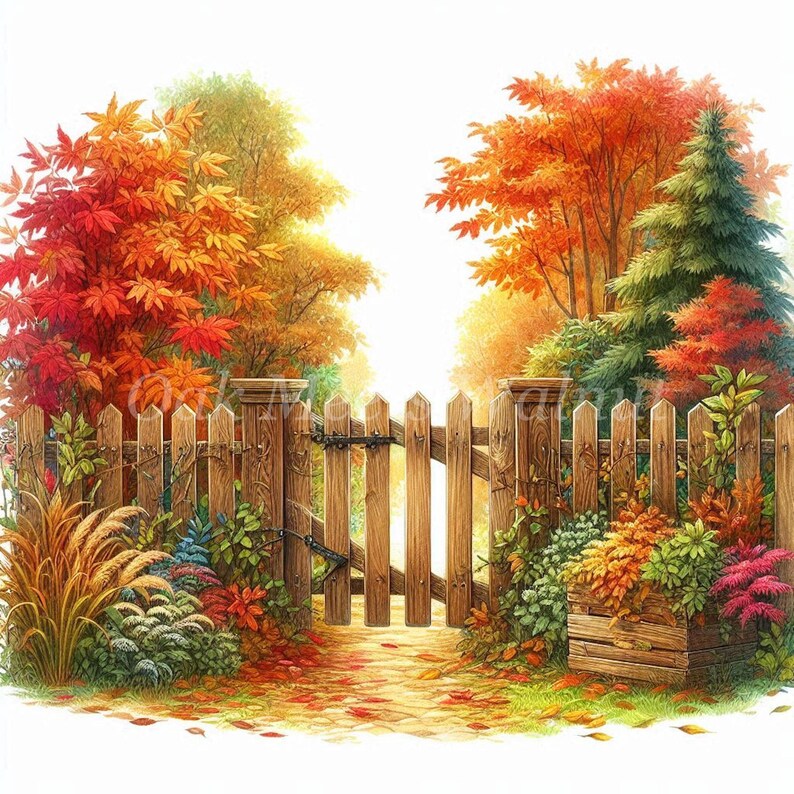 Watercolor Autumn Fence Clipart: Fall Leaves, Scrapbook Images (digital ...