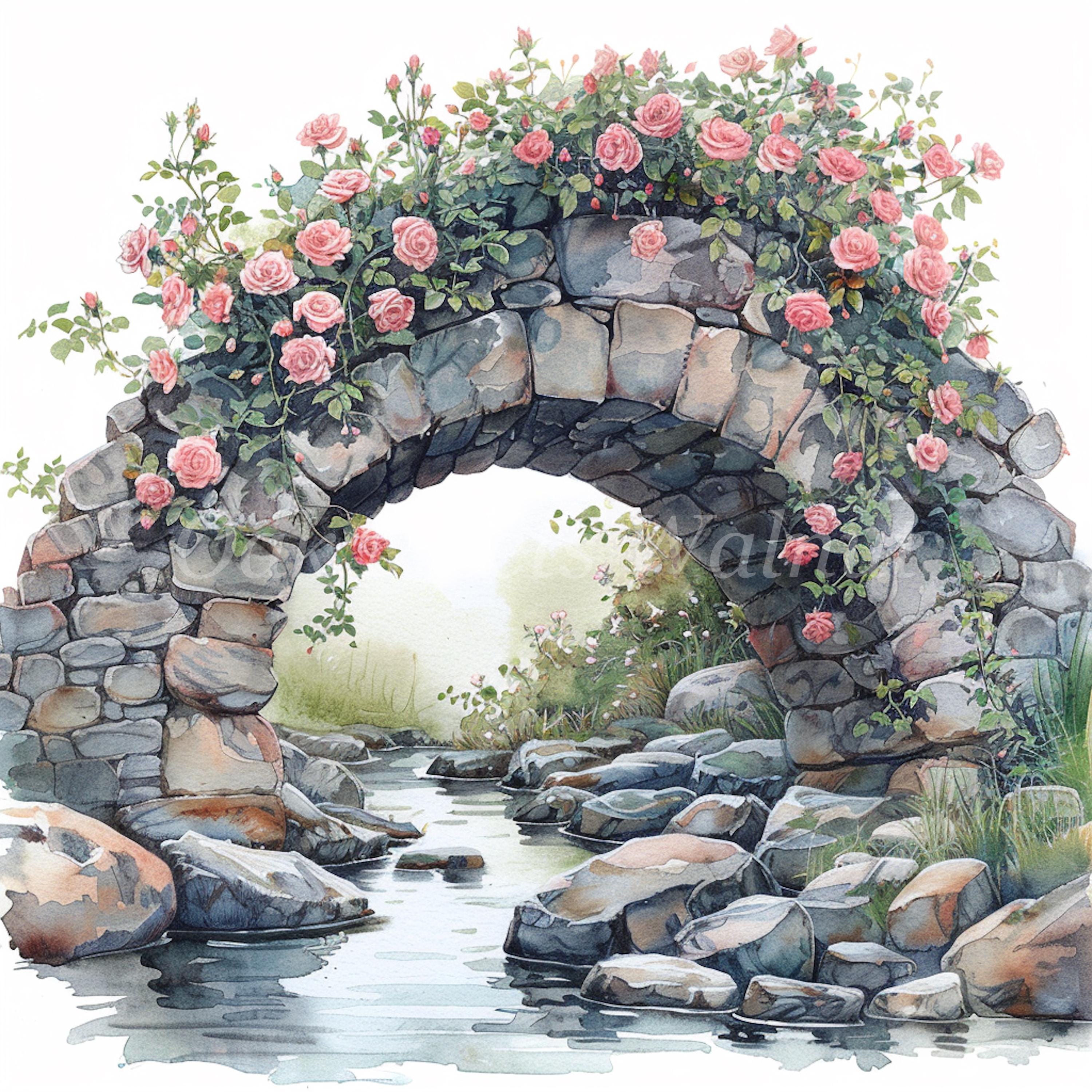 Watercolor Stone Bridge With Roses Clipart: Scrapbook Art (digital ...