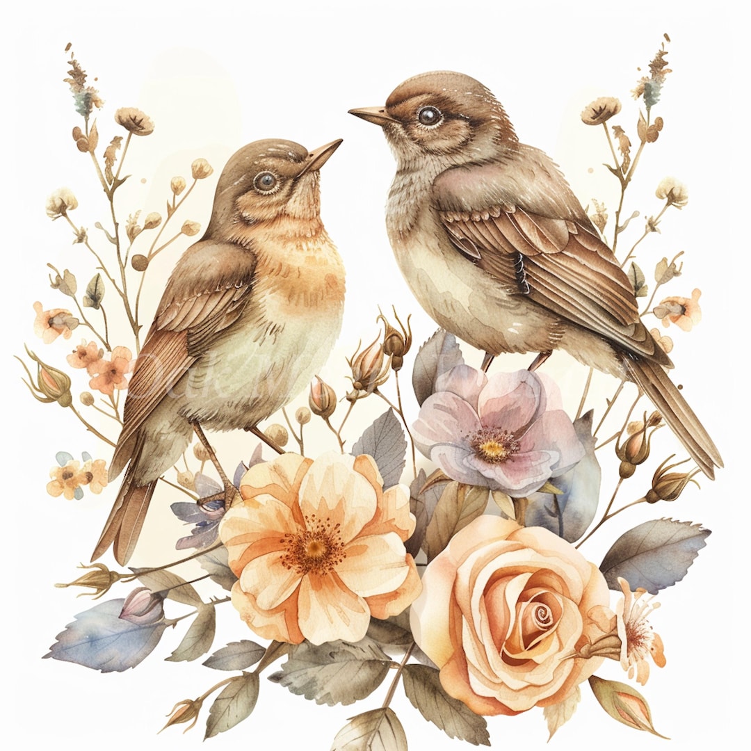 Vintage Birds in Flowers, Clipart Bundle- 10 High Quality Watercolor ...