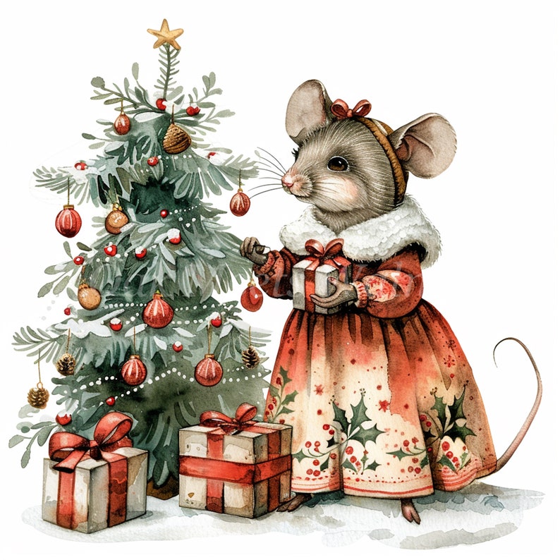 Christmas Mouse in Vintage Dress Clipart Bundle 10 High Quality ...
