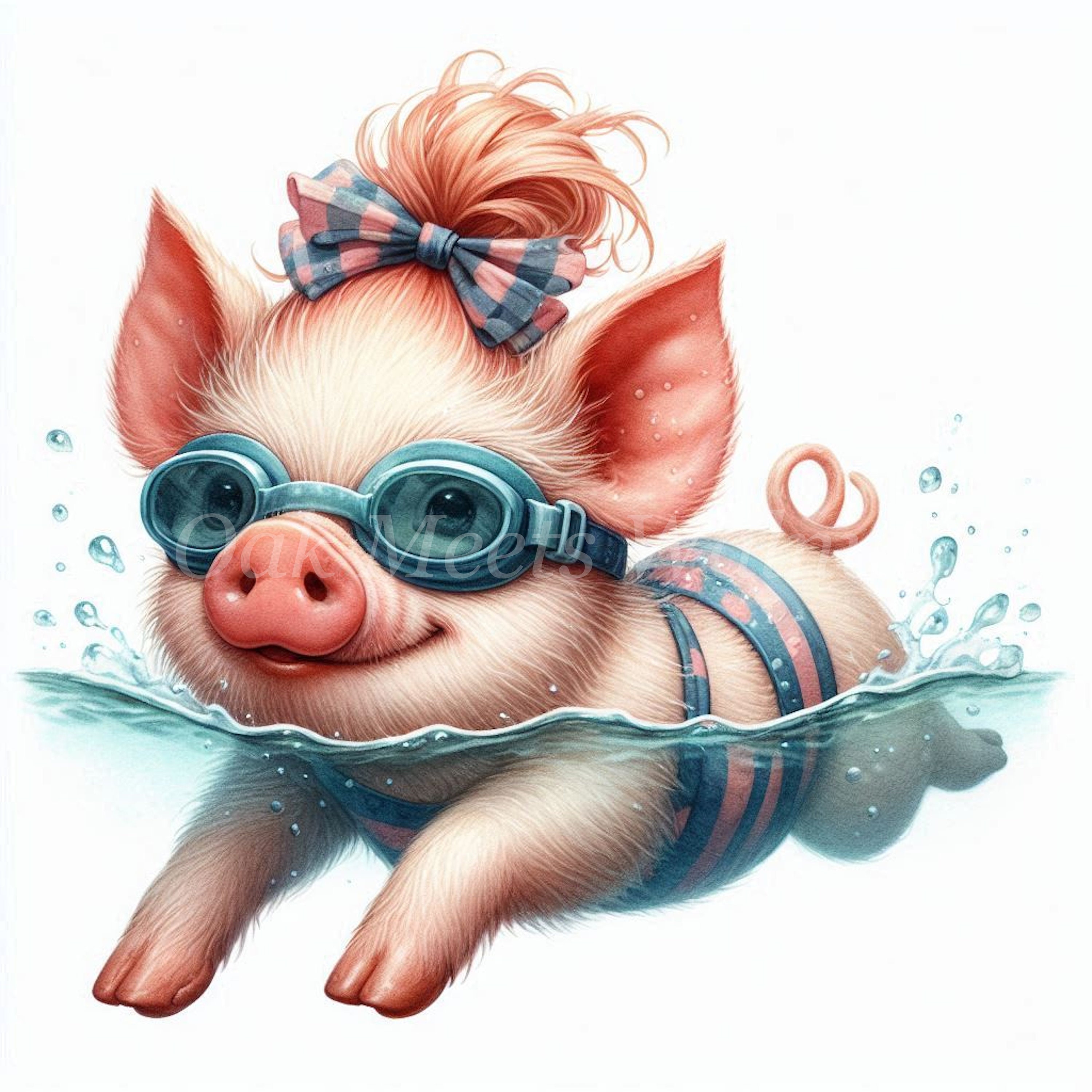 Pig Swimming in a Messy Bun Clipart Bundle- 10 High Quality Watercolor ...