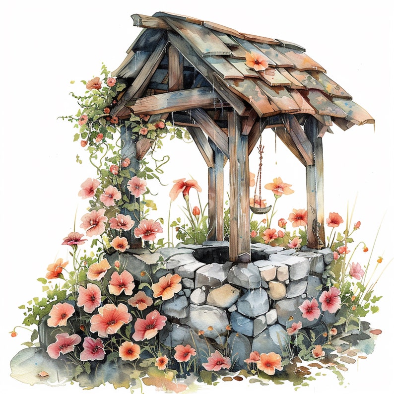 Floral Wishing Well Clipart: Watercolor Flower Illustrations (digital ...