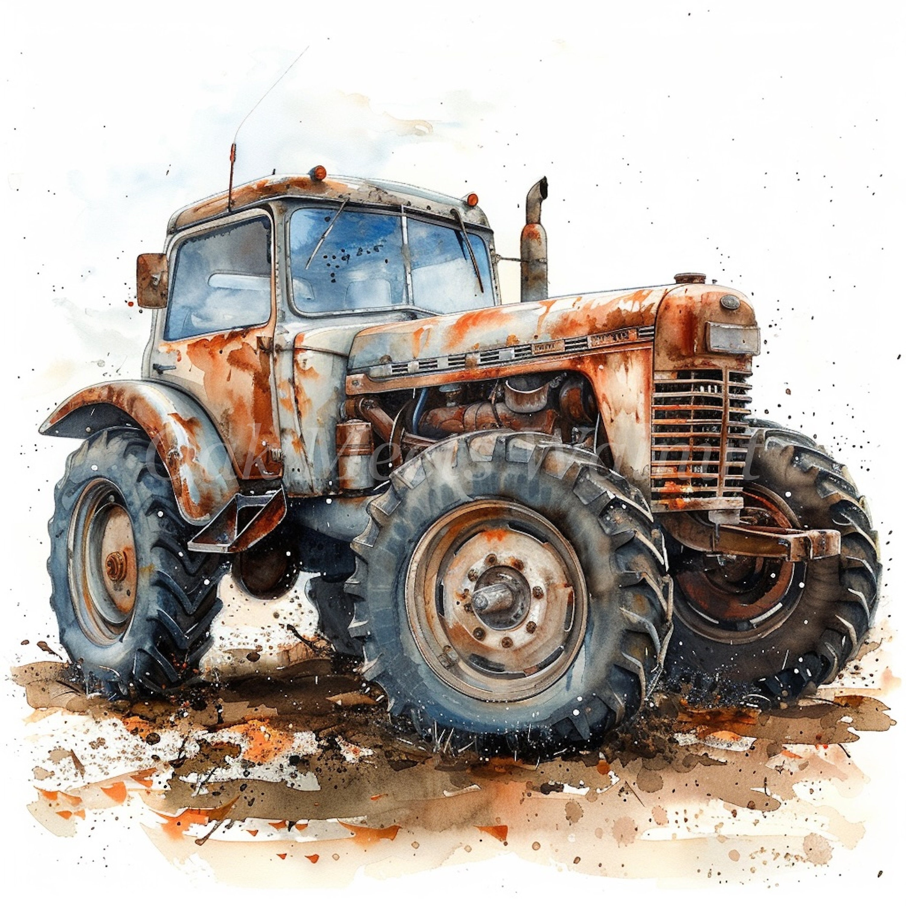Watercolor Farm Tractor Clipart Bundle: Rustic Vehicle Graphics ...