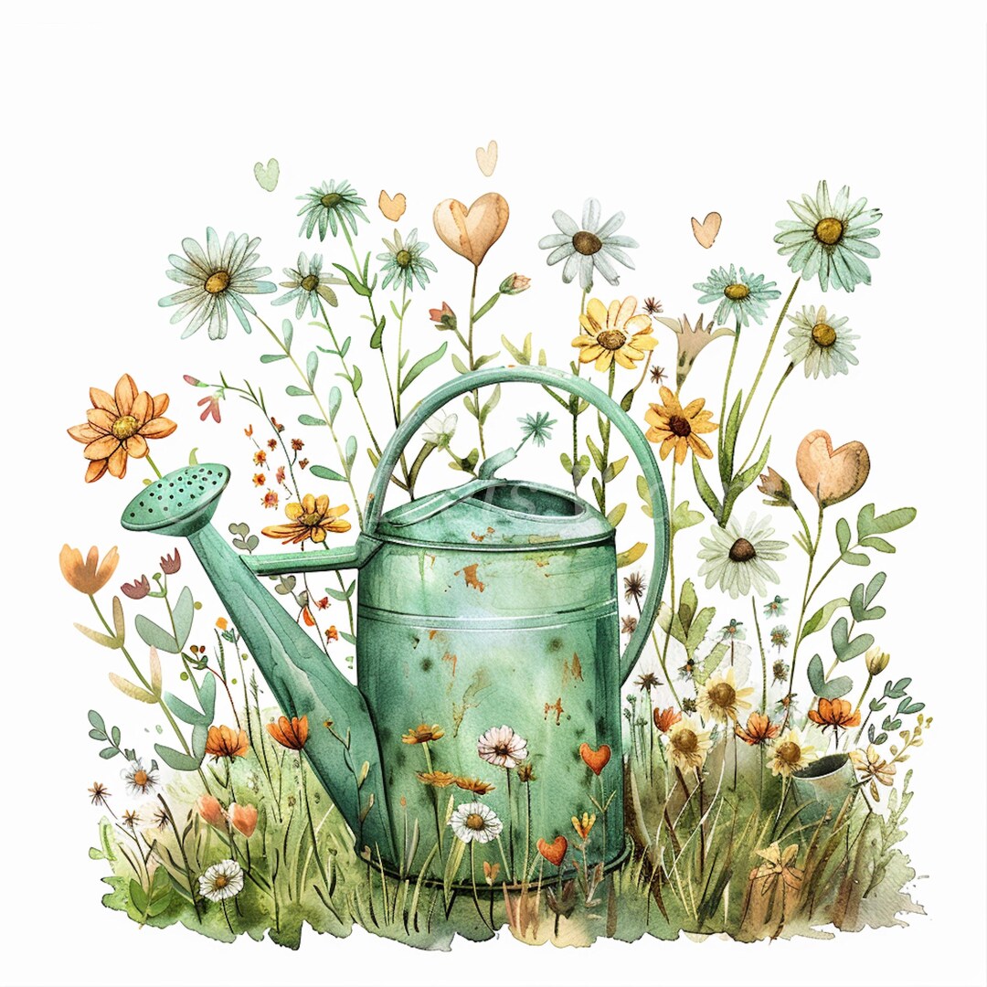 Watercolor Flowers in Watering Can Clipart: Floral JPG Bundle (digital ...