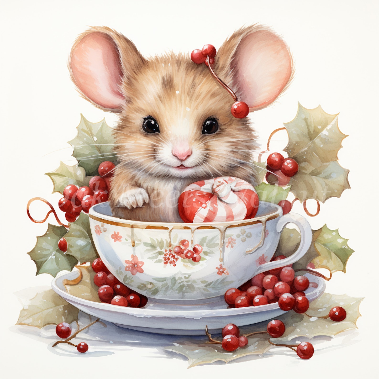 Christmas Mouse in a Teacup Clipart Bundle 10 High Quality Watercolor ...