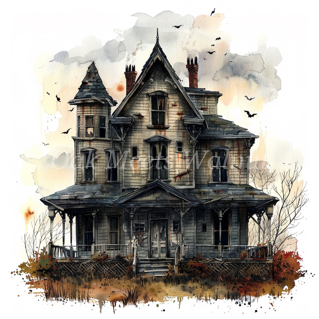 Watercolor Haunted House Clipart: Halloween Horror Images (digital ...