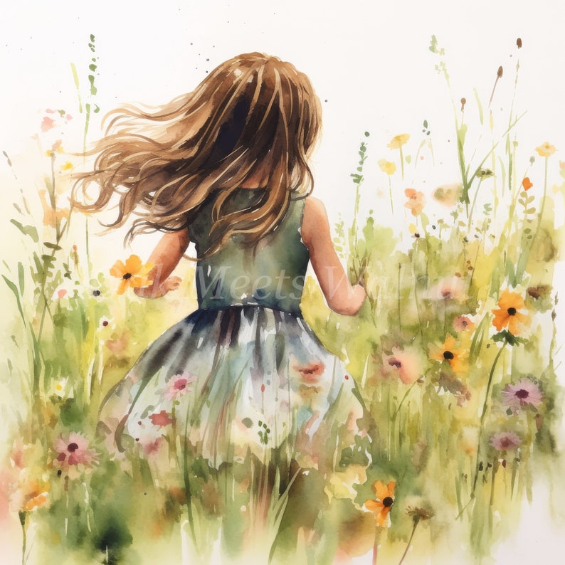 Watercolor Girl in Flower Field Clipart: Scrapbook Paper (digital ...