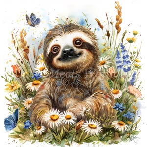 Sloth in Flowers Clipart Bundle- 10 High Quality Watercolor Jpgs, Junk ...