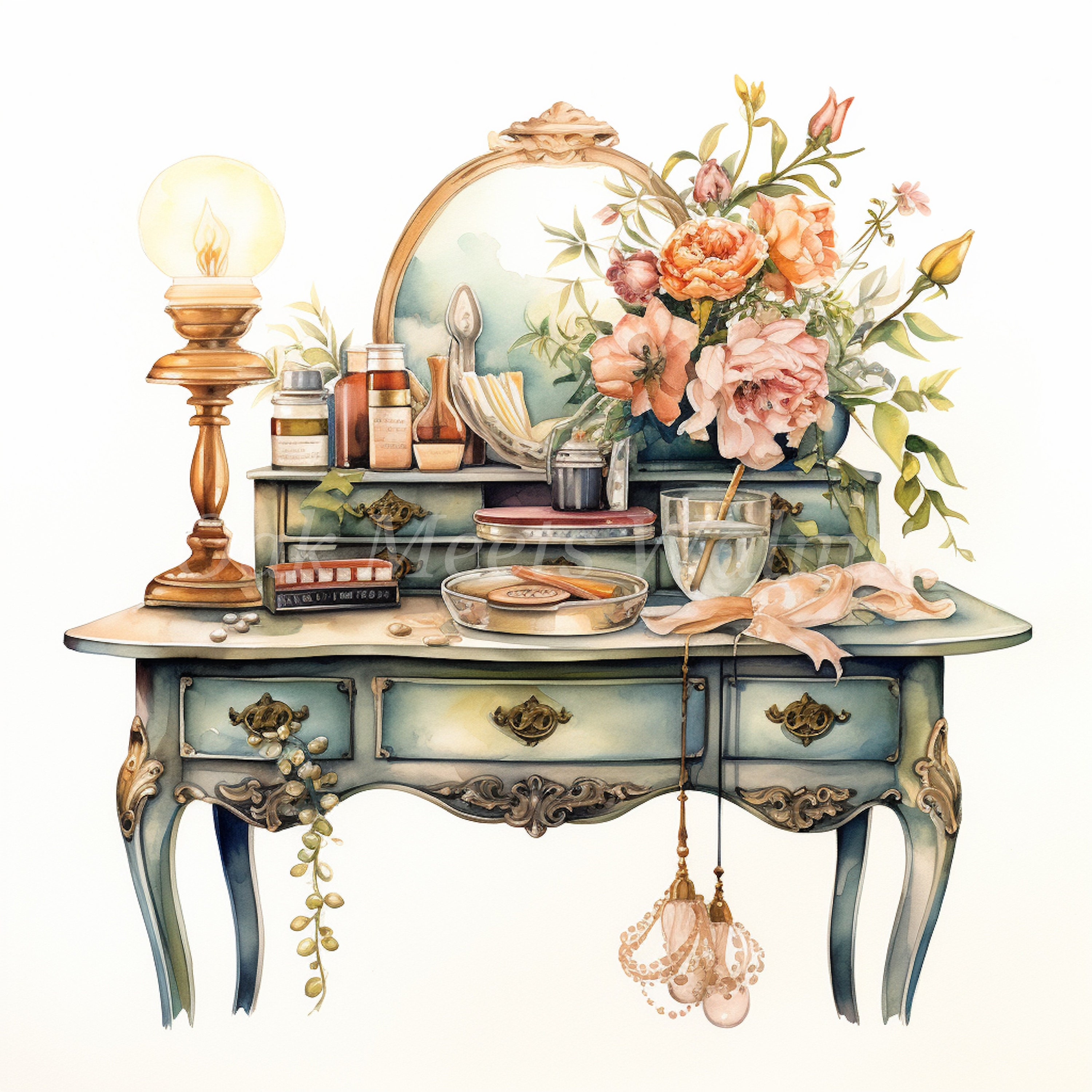 Floral Vanity Clipart Bundle 10 High Quality Jpgs, Dressing Table ...