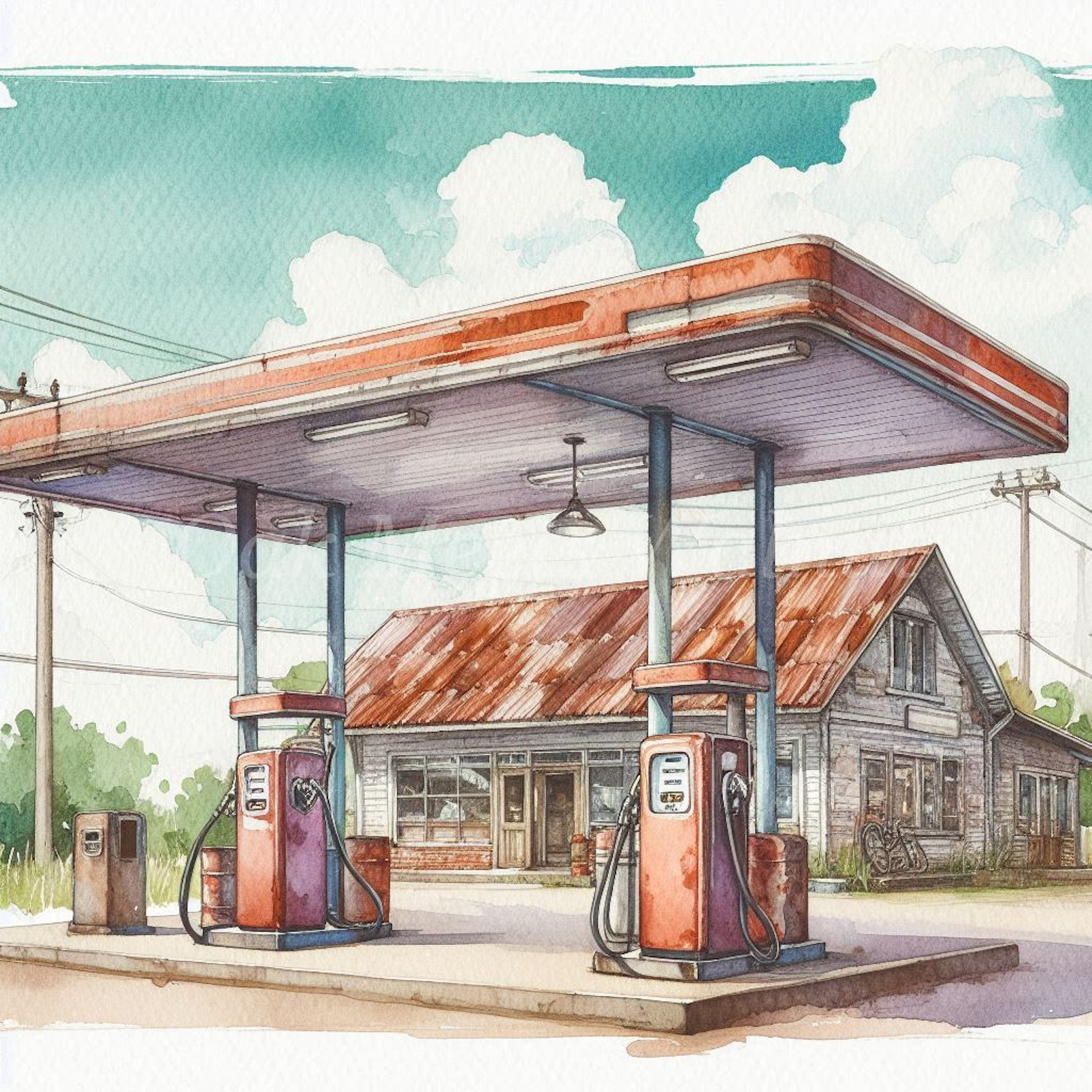 Retro Gas Station Watercolor Clipart: Vintage Printable Images (digital ...