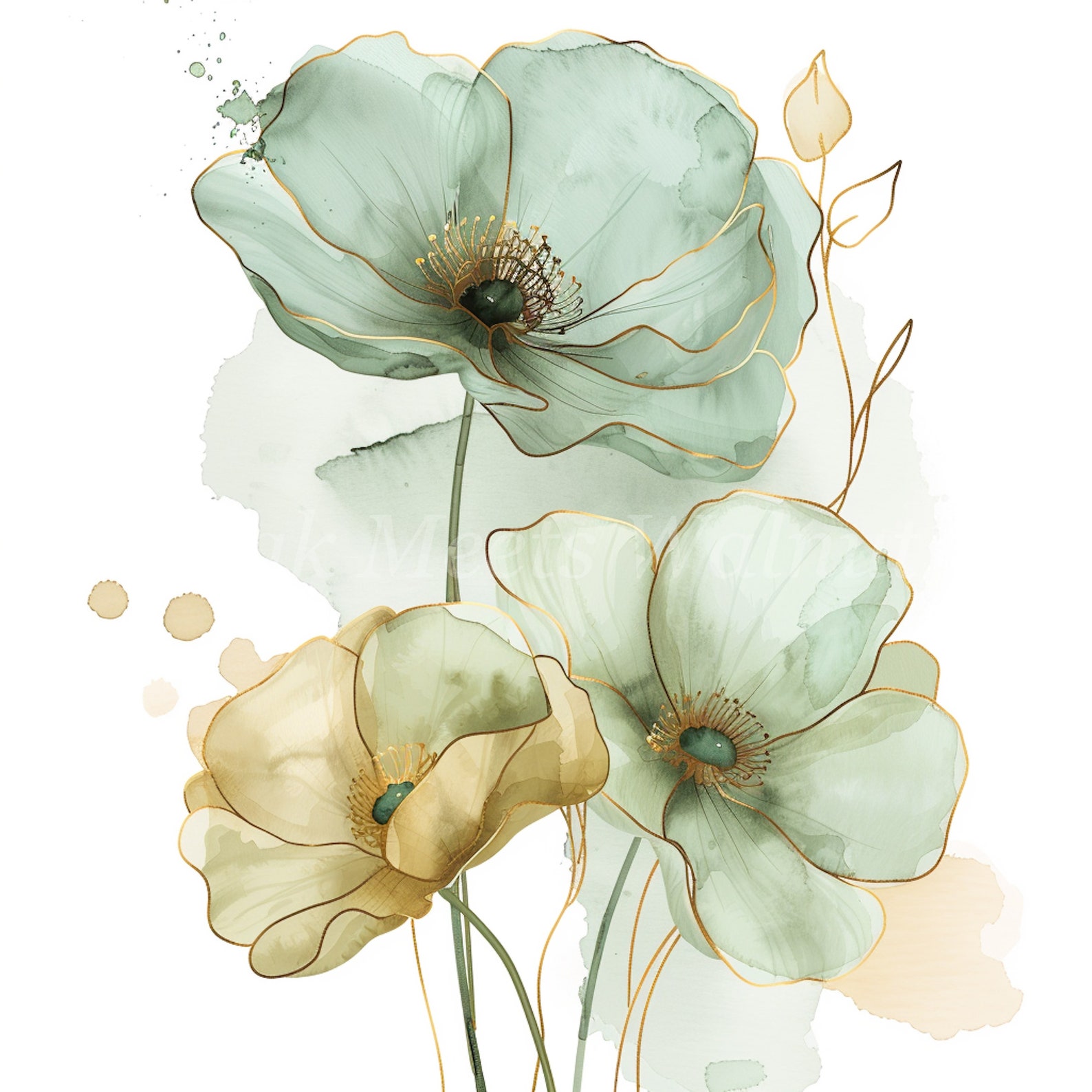 Abstract Green Floral Clipart Watercolor Flower Bundle Digital