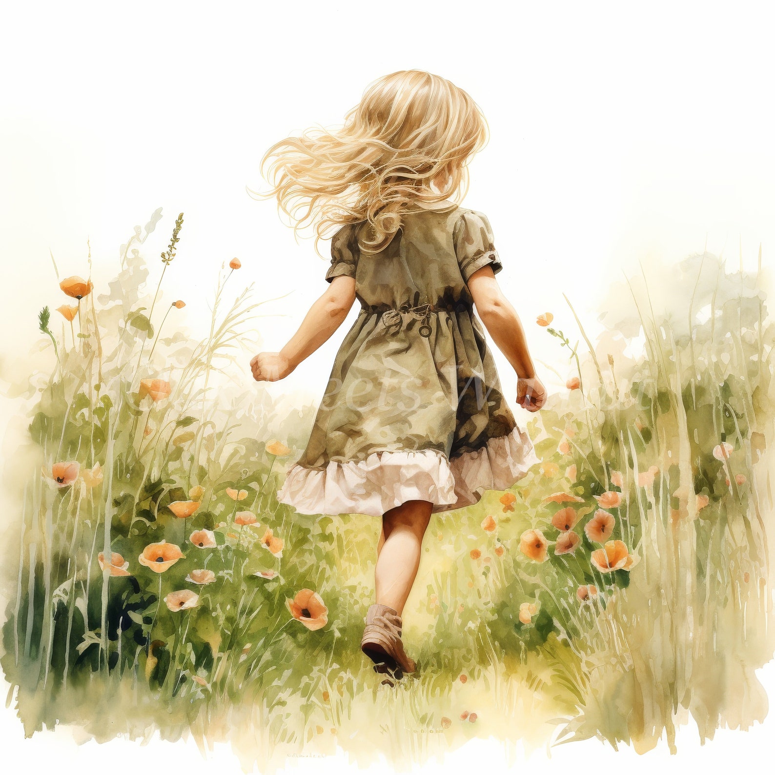 Girl in a Flower Field Clipart Bundle Pack, 12 X 12 Digital Paper, 10 ...